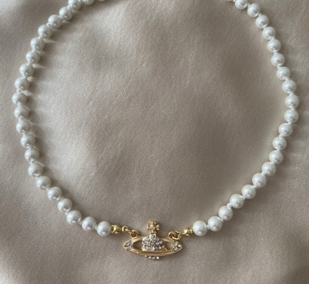 White Pearl Beaded Saturn Orb Planet Necklace Choker, Orbit Planet ...