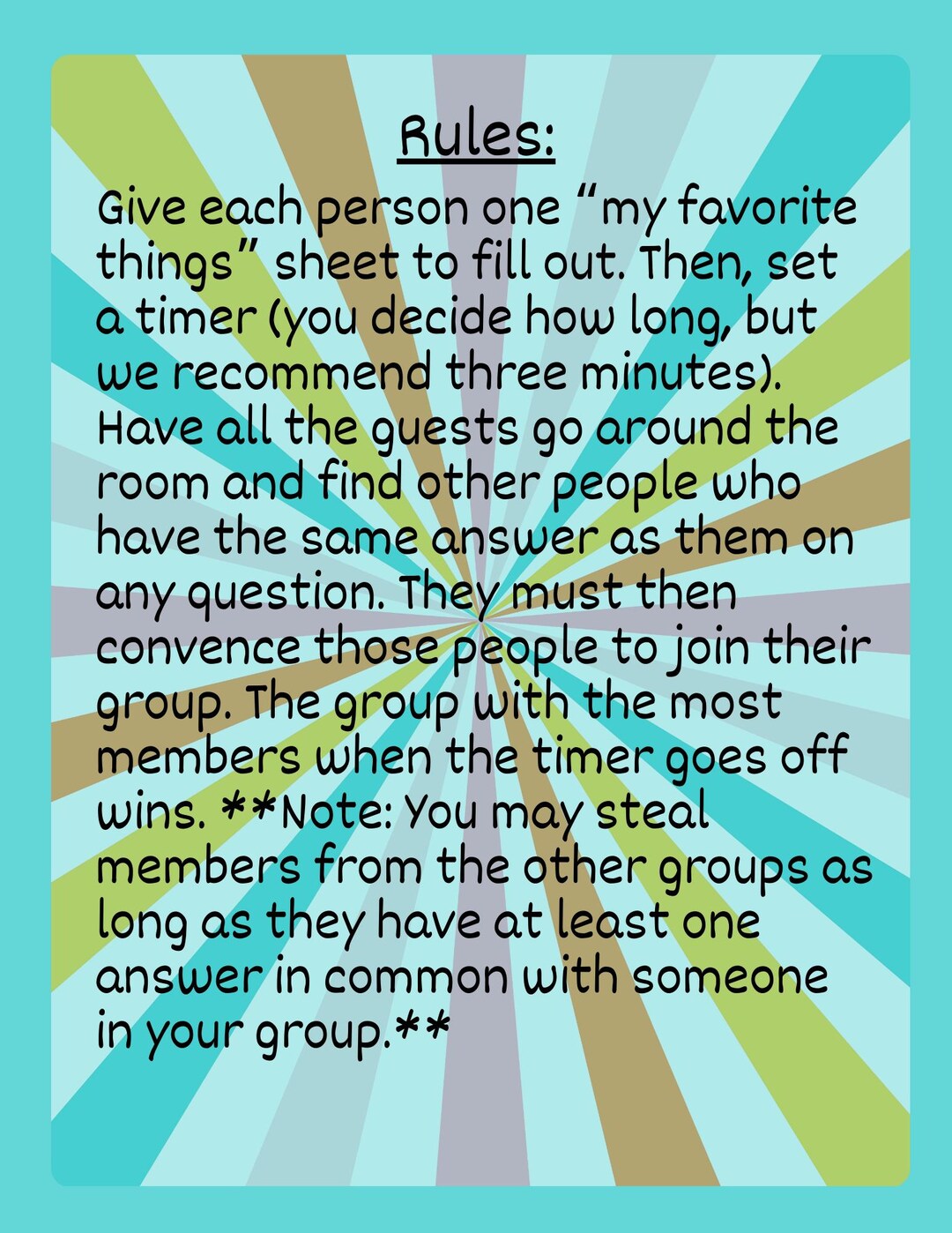 My Favorite Things Ice Breaker Game printable - Etsy