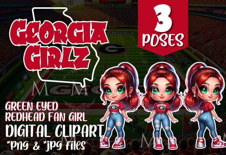 Georgia Bulldog Fan Girls Chibi Cartoon Clipart UGA Spirit Digital ...