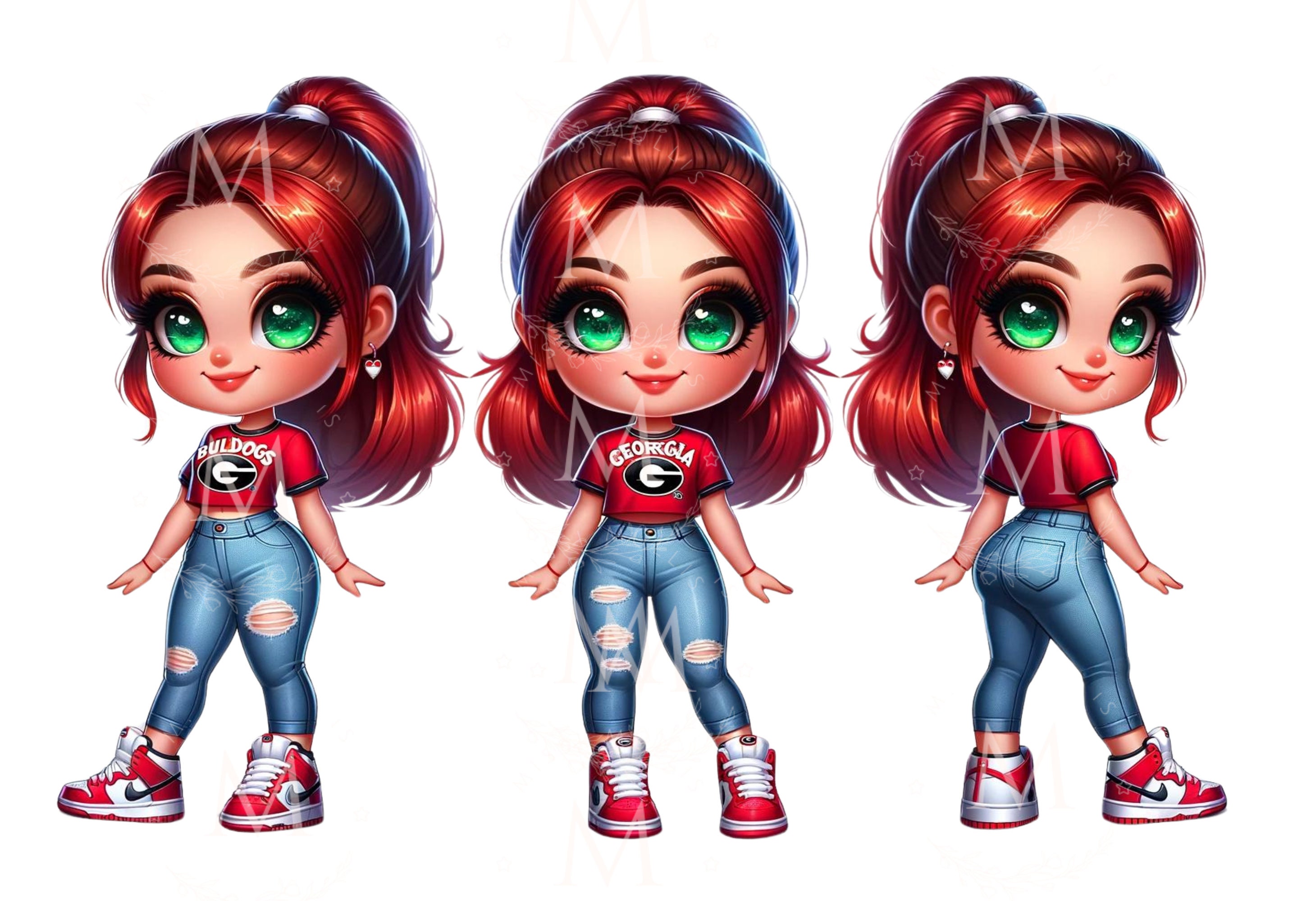 Georgia Bulldog Fan Girls Chibi Cartoon Clipart UGA Spirit Digital ...