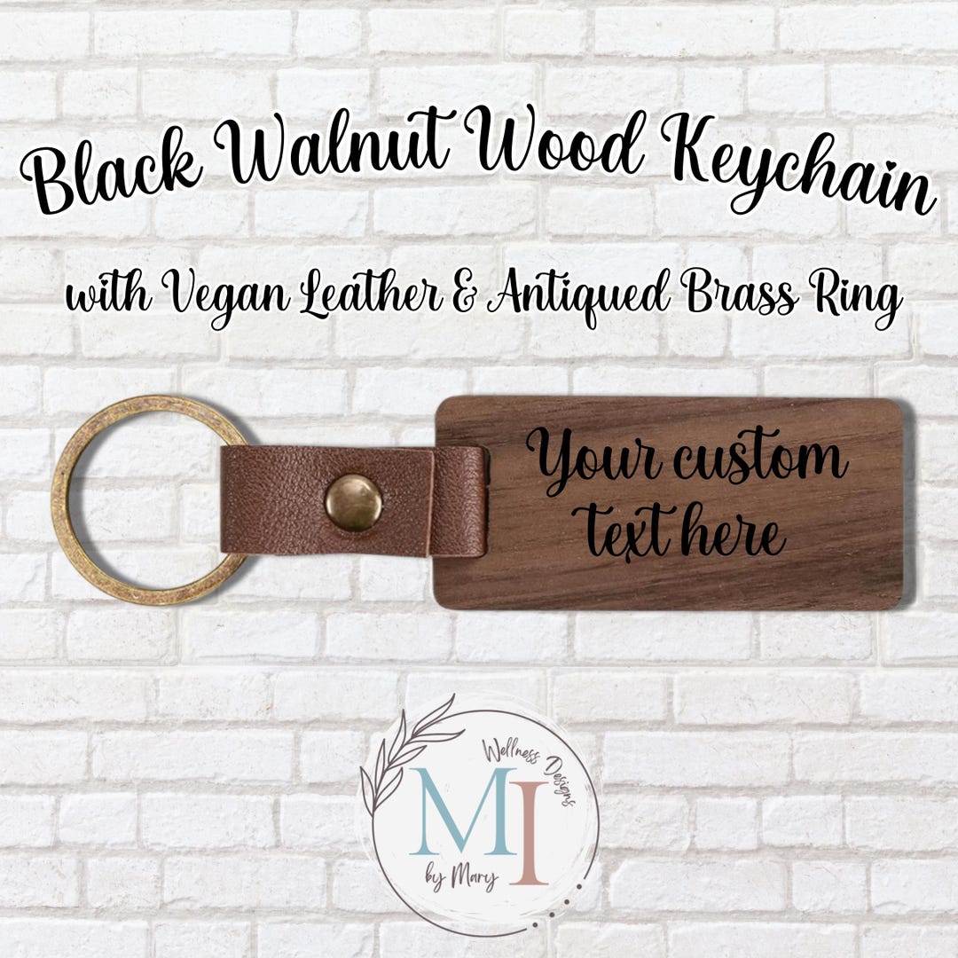 Personalized Black Walnut Keychain: Engraved Vegan Leather Keyring - Etsy