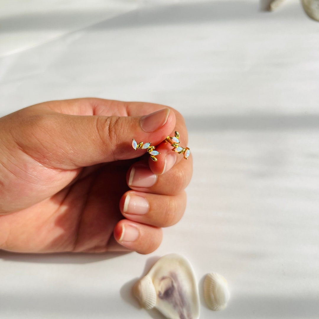 Modest Harmony Studs, Half Gold half Opal Leaf Cartilage Stud Earrings ...
