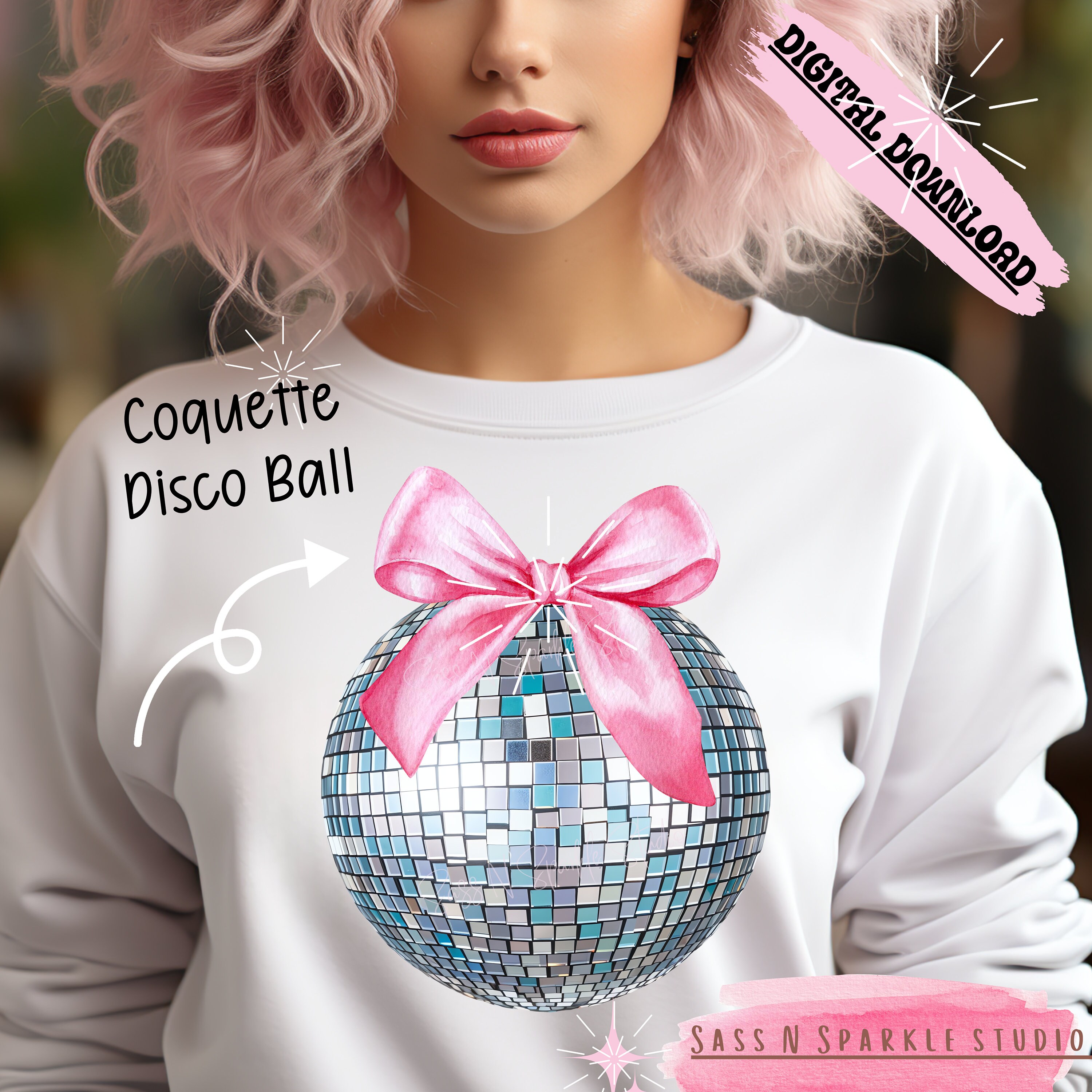 Coquette Aesthetic Disco Ball Soft Girl Pink Bow Cottage Core Digital ...