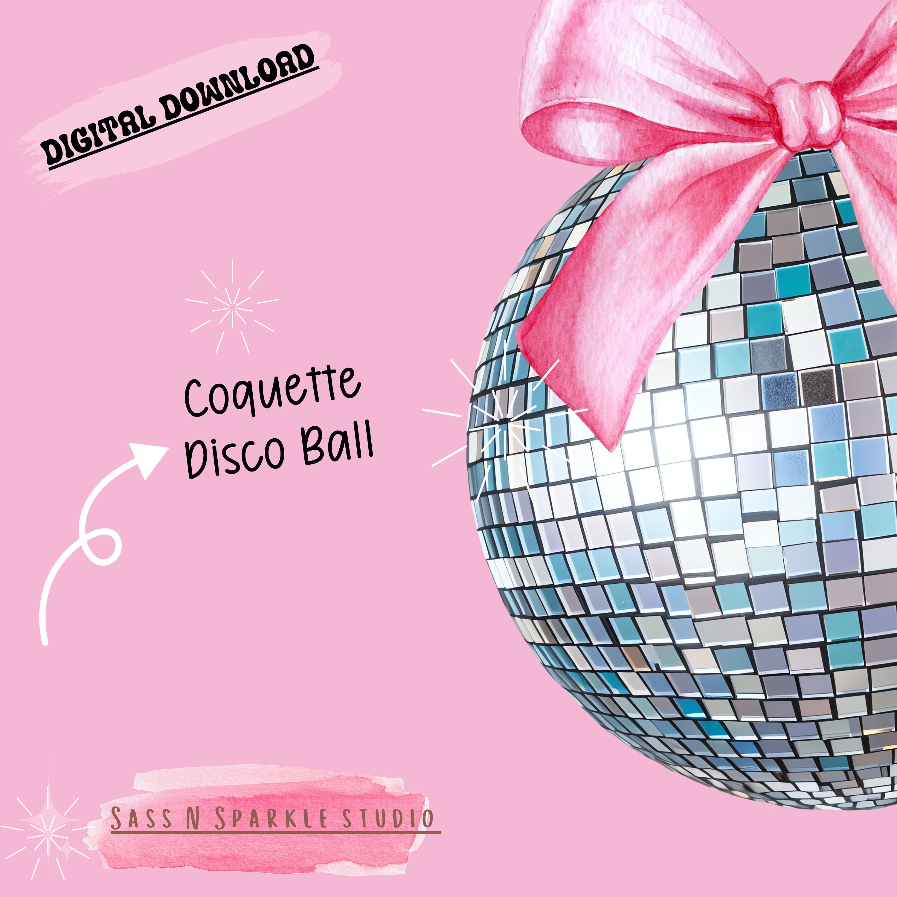 Coquette Aesthetic Disco Ball Soft Girl Pink Bow Cottage Core Digital ...