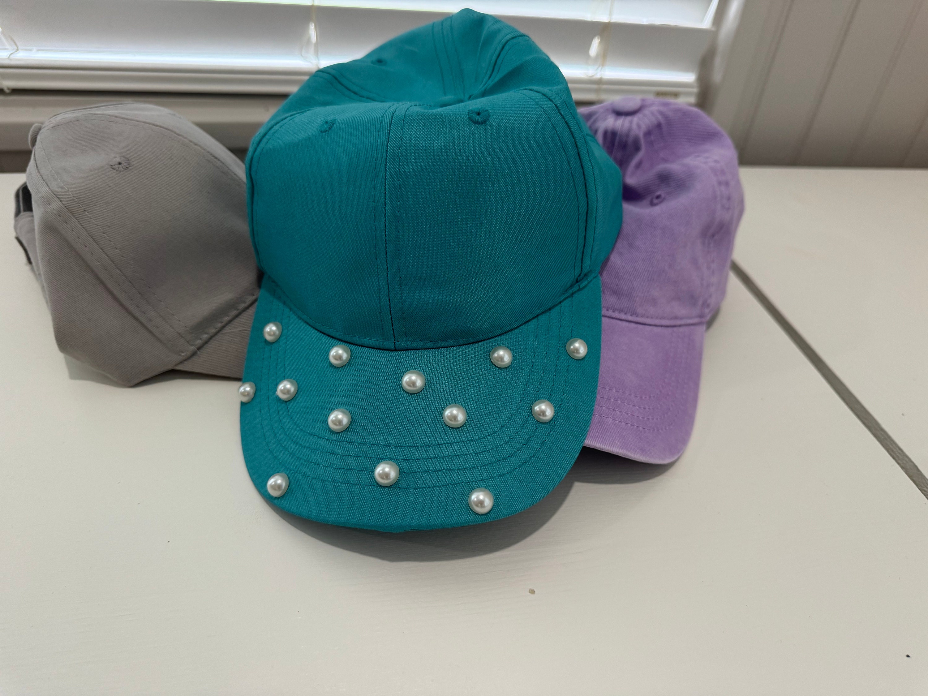 Pearl Embellished Baseball Cap - 3 Colors: Teal, Purple Denim, & Grey ...