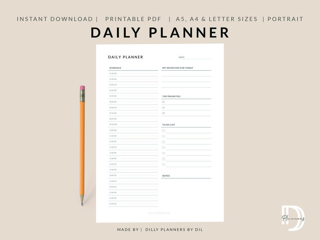 24 Hour Daily Planner Printable Portrait, Daily Schedule, Daily to Do ...