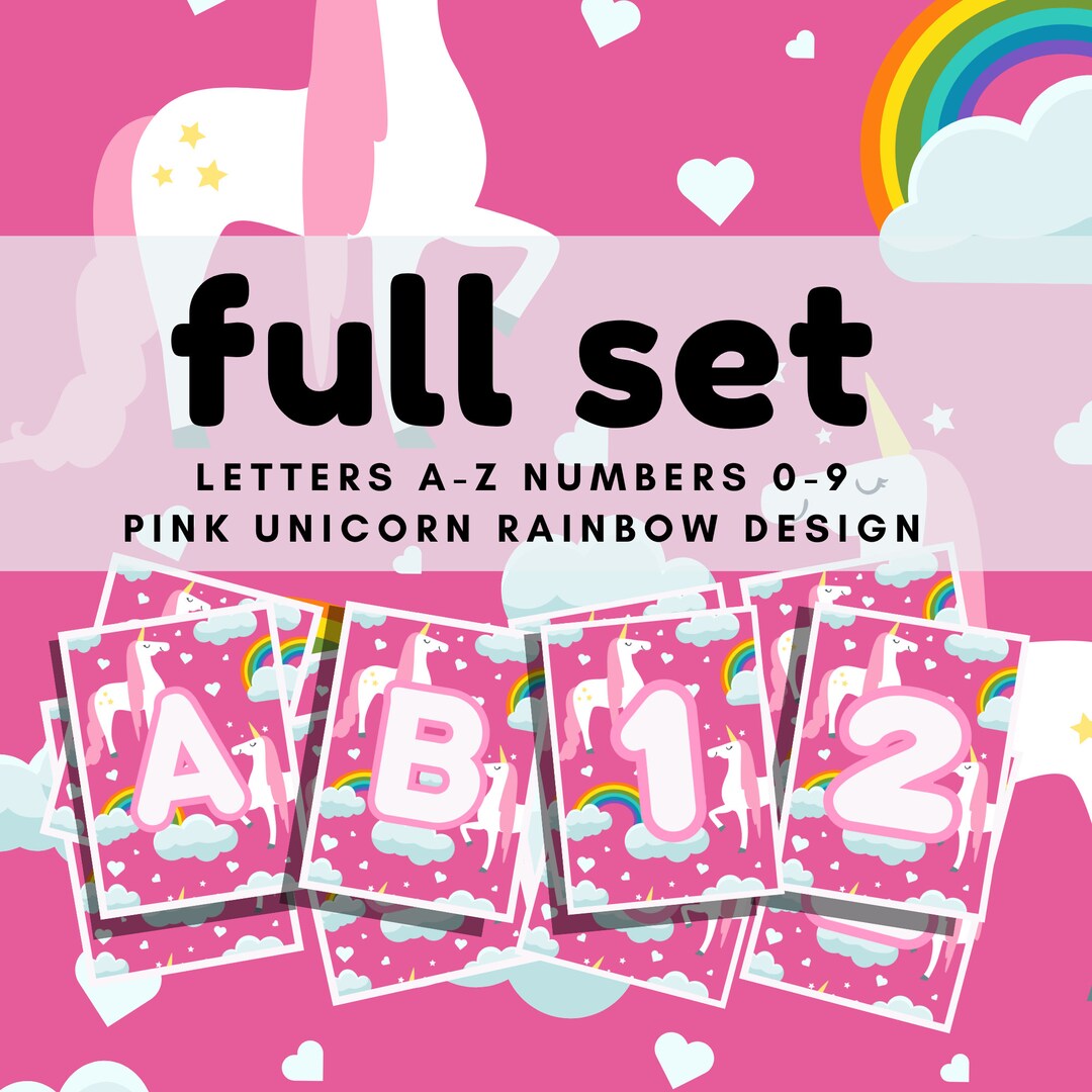 FULL SET of Letters and Numbers Plus BONUS Wall Chart Pink Unicorn ...