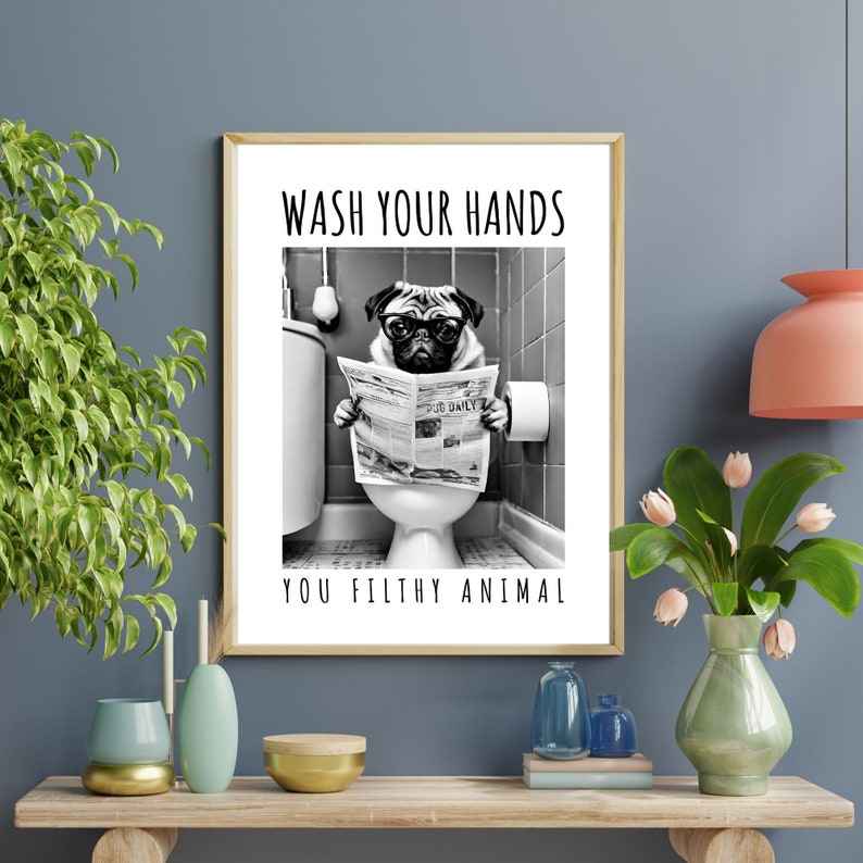 Bathroom Humor Pug Dog on Toilet, Funny Animal, Digital Download ...