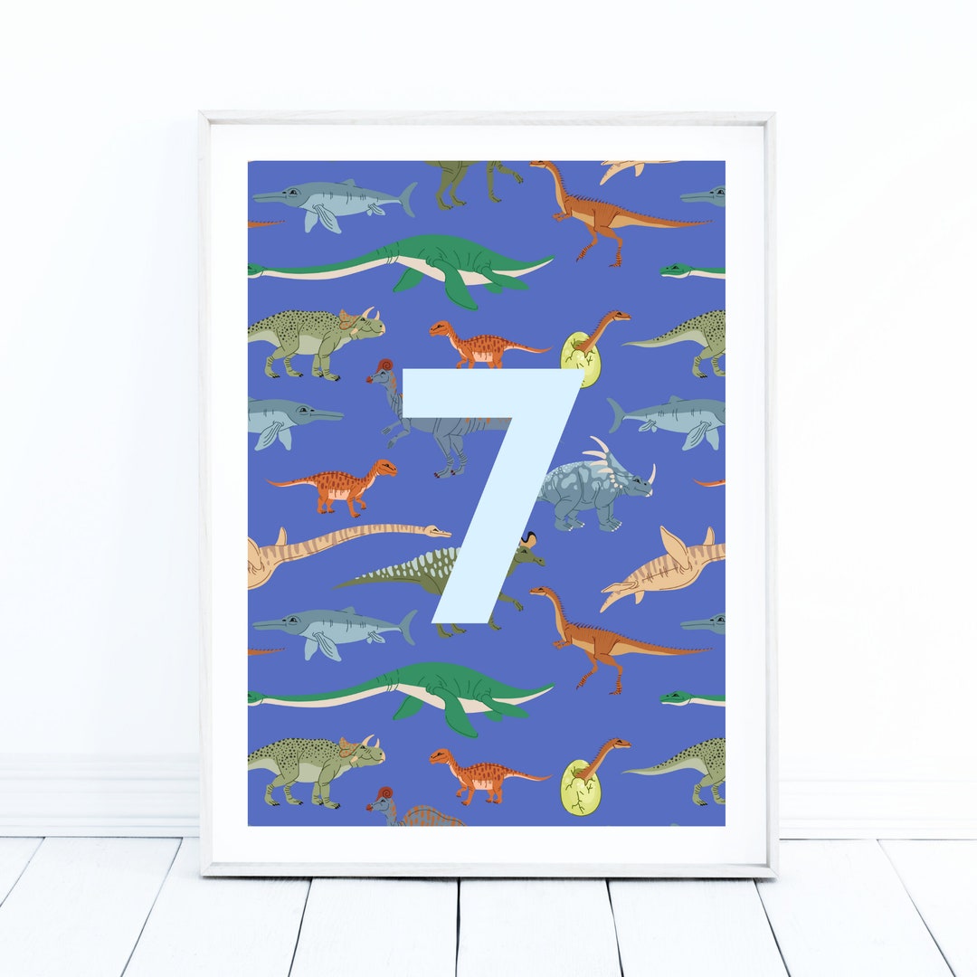 Number '7' Seven in Blue Dinosaurs Design Digital Download Printable ...