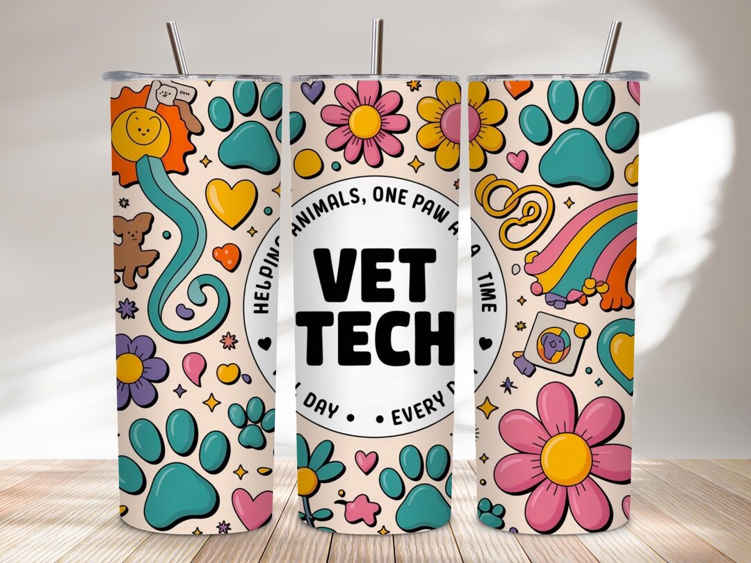 Vet Tech Paw Print Floral | Colorful PNG Rainbow Paw Sublimation | 20oz ...
