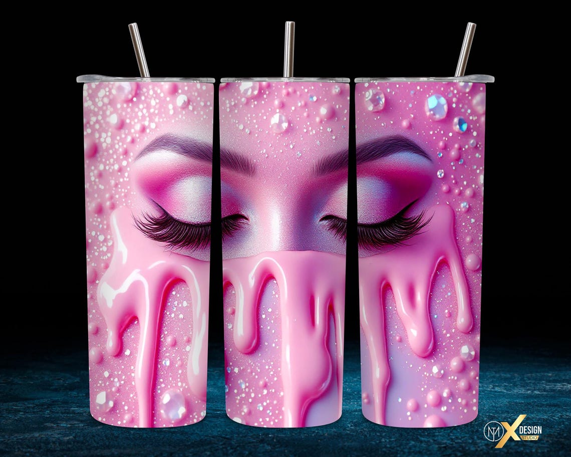 Pink Dripping Makeup Art Tumbler Wrap, Glam Eyelash Beauty 20oz Skinny ...