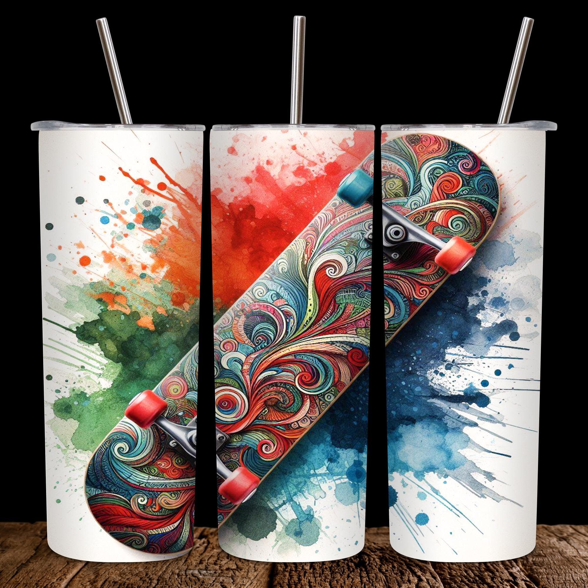 Watercolor Skateboard Wrap, 20 Oz Skinny Tumbler Sublimation Design ...