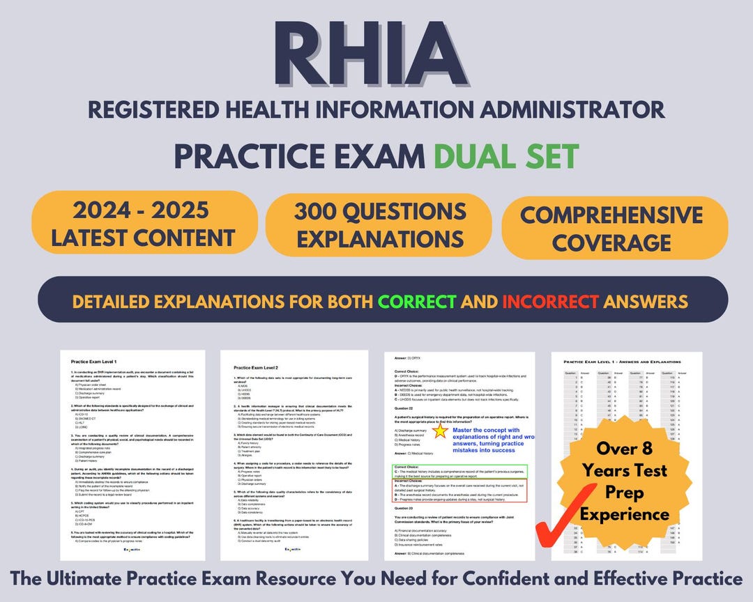 RHIA Practice Exam 2024-2025: 300 Questions & Explanations (PDF) - Etsy