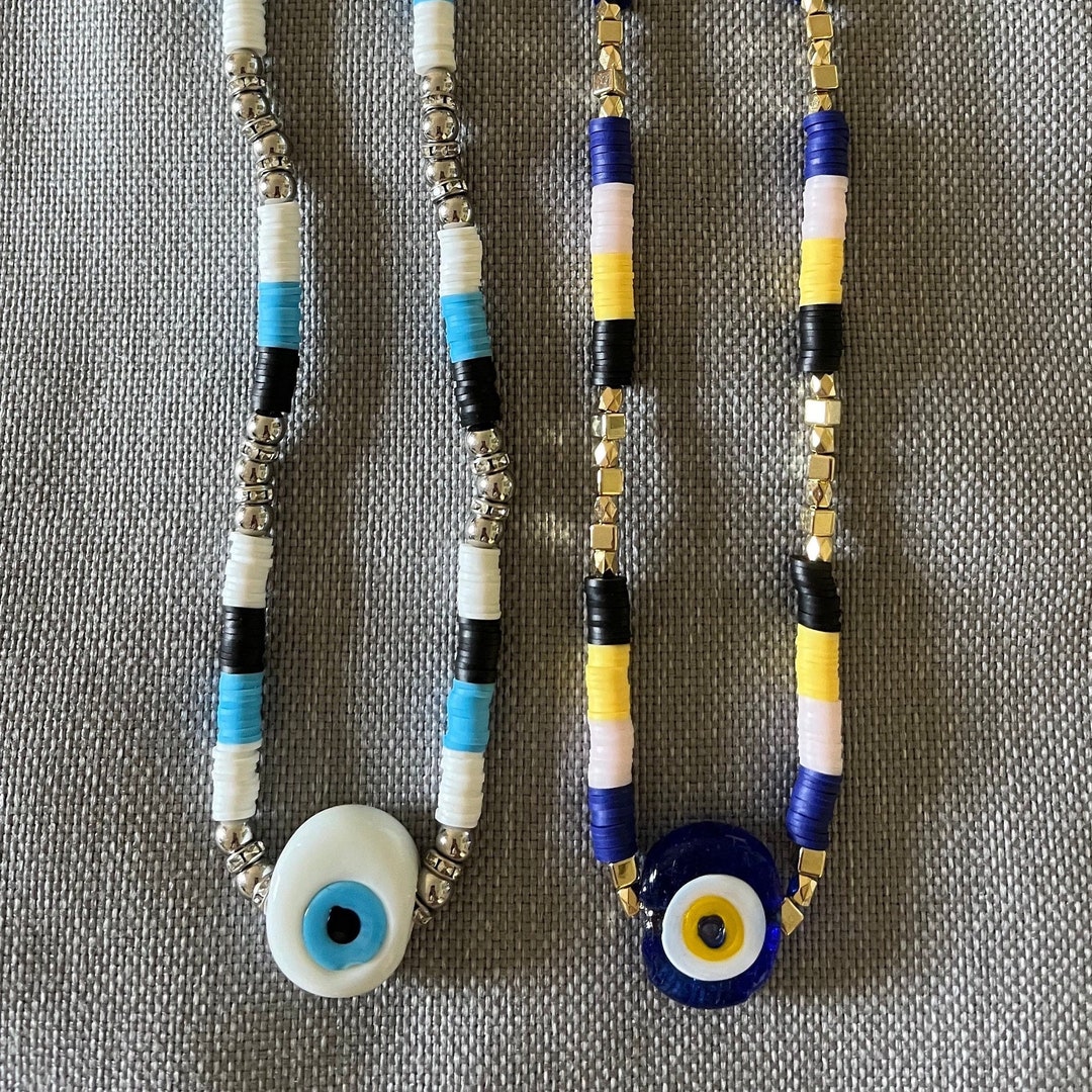 Beach Necklace,evil Eye Necklace, Clay Beaded Necklace, Unisex Necklace ...