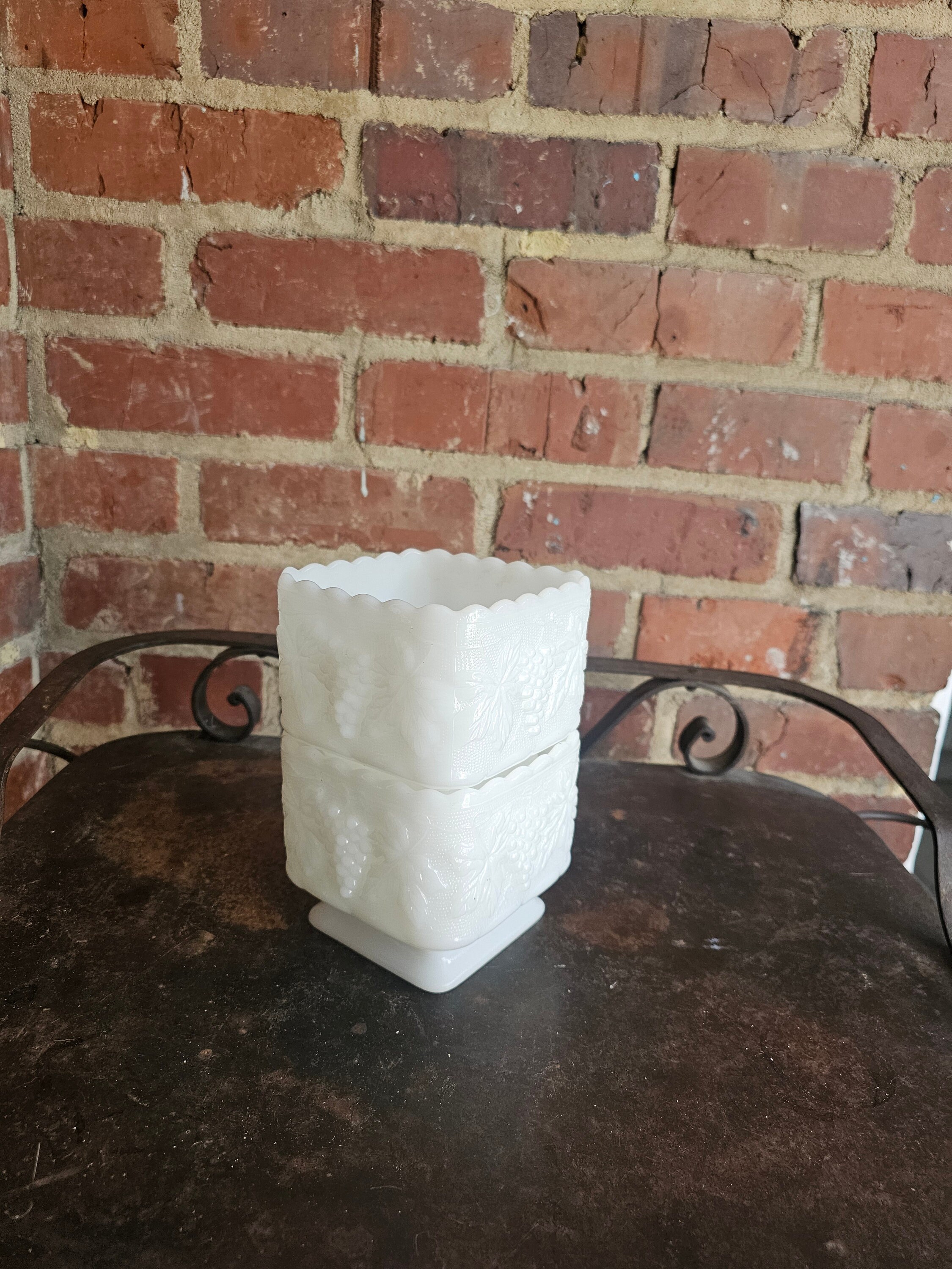 Pair of Grapevine Motif Milk Glass Planters - Etsy