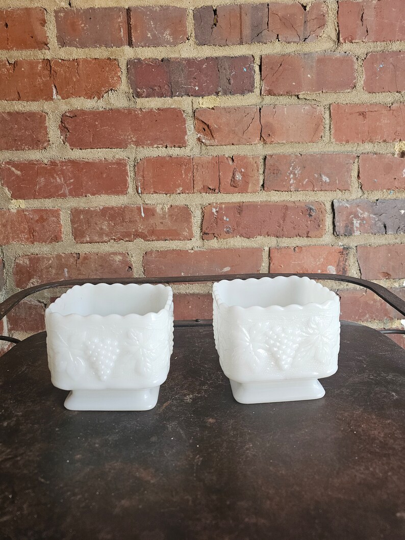 Pair of Grapevine Motif Milk Glass Planters - Etsy