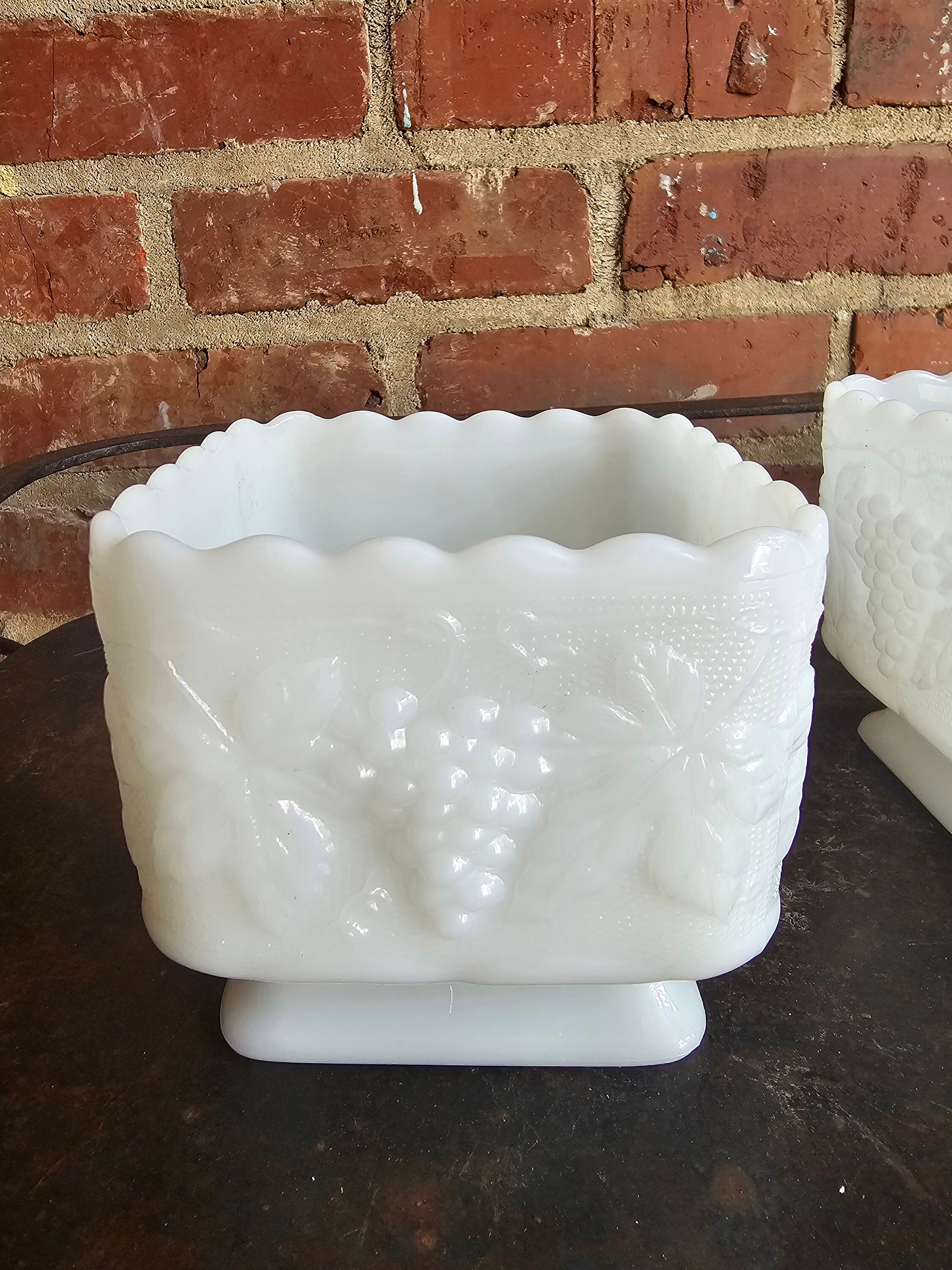 Pair of Grapevine Motif Milk Glass Planters - Etsy