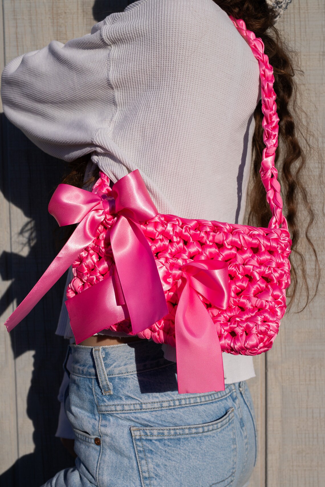 Pink Ribbon Crochet Bag - Etsy