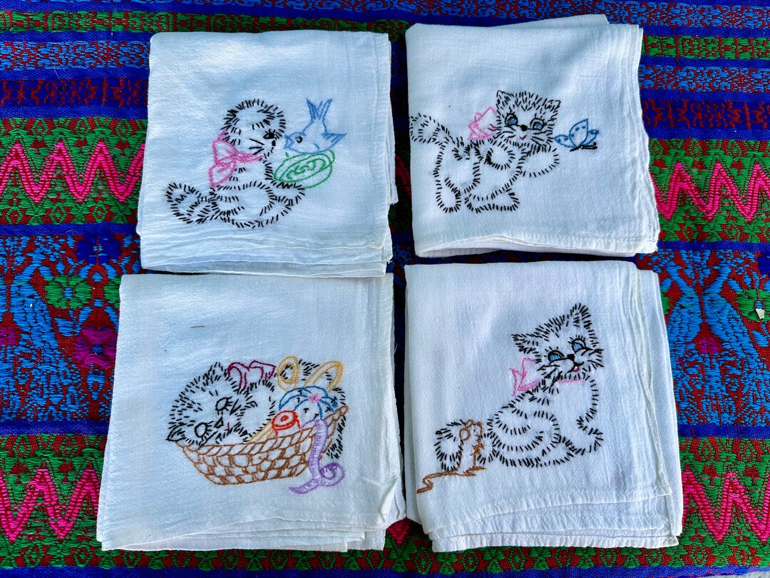 Vintage Embroidered Cat Tea Towels, Kitchen Decor, Cat Decor - Etsy
