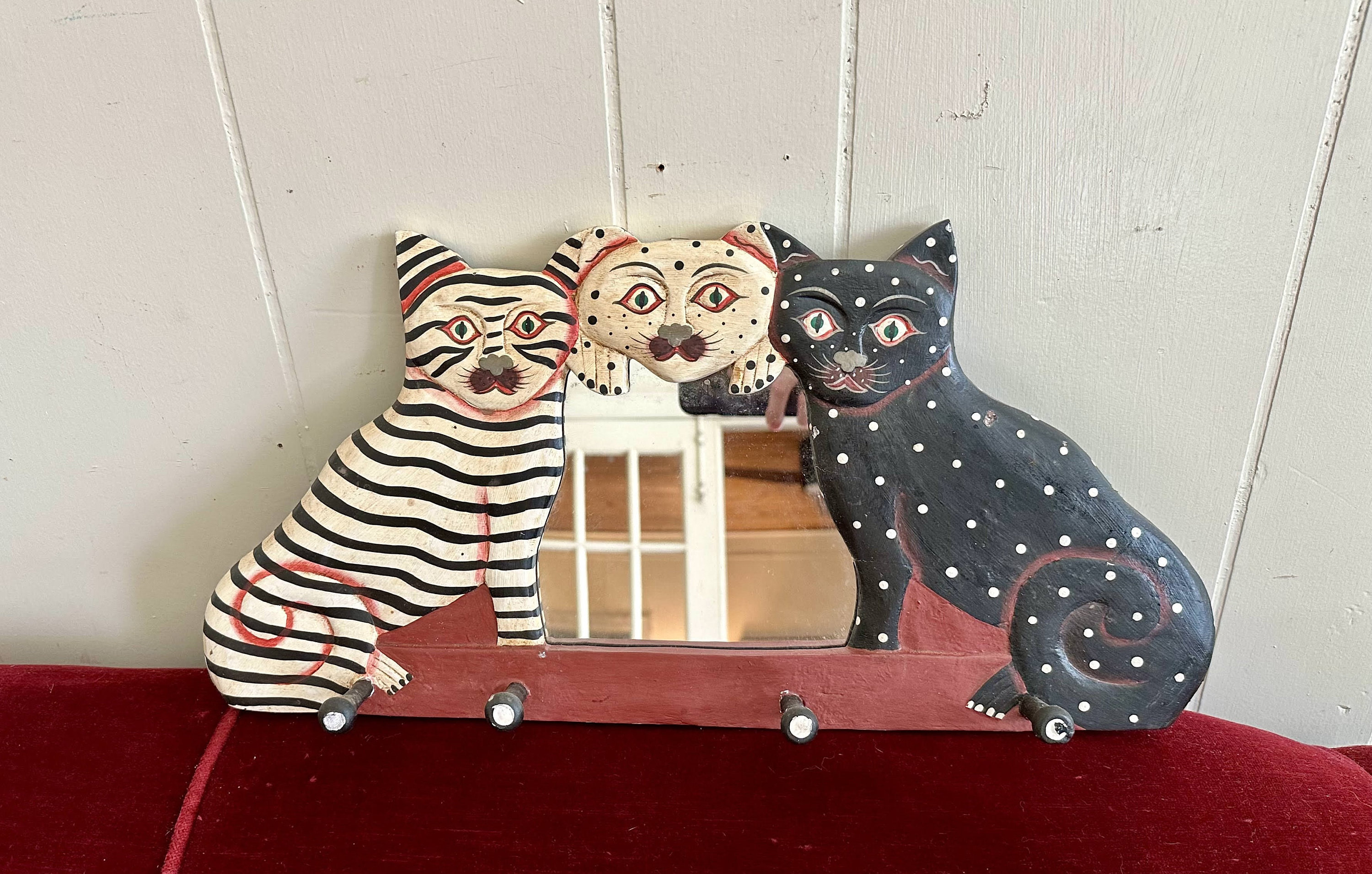 Vintage Painted Cat Wall Mirror, Kitty, Indonesian Mirror, Wall Hanging ...