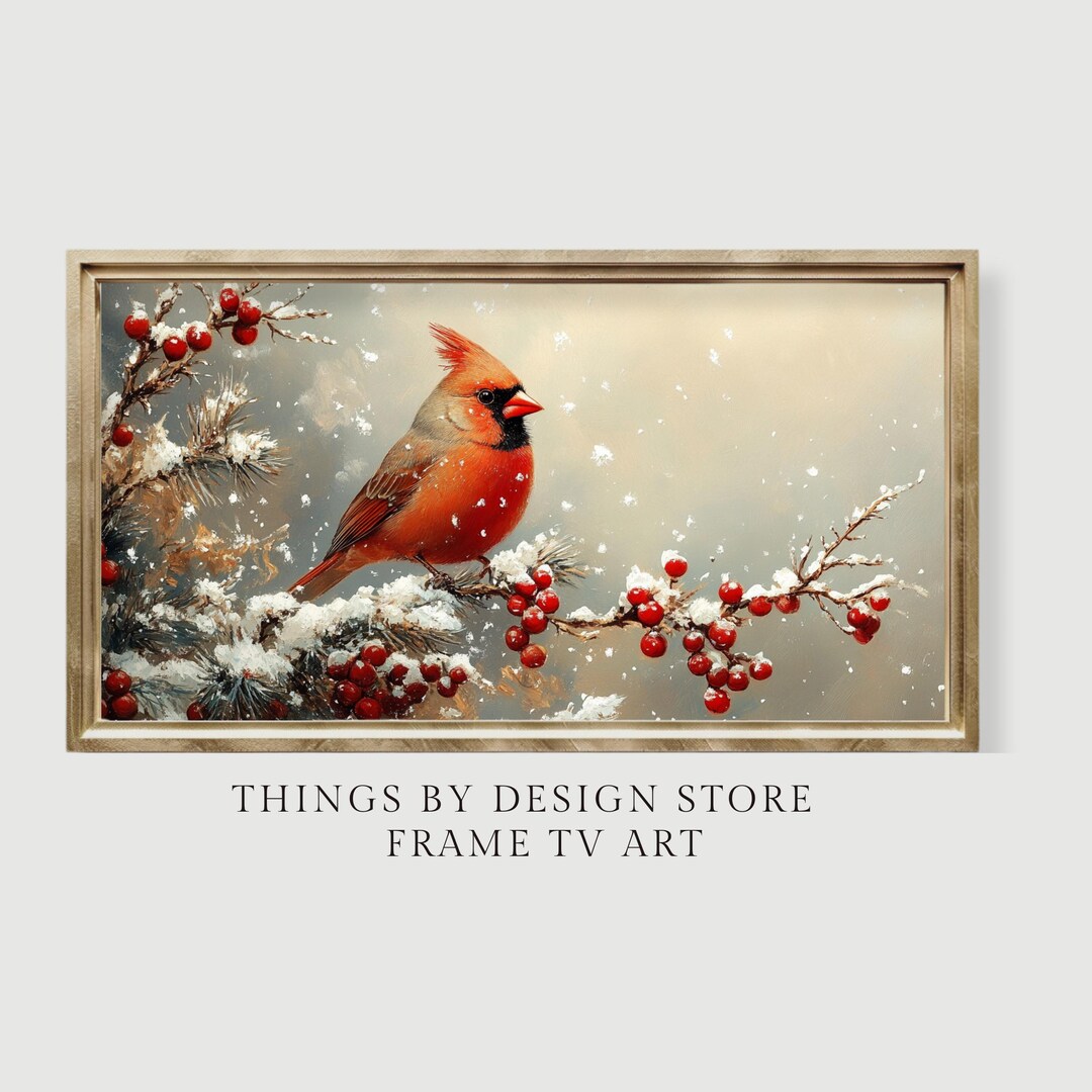 Rustic Winter Wonderland Cardinal Bird Christmas Frame TV Art | Snowy ...