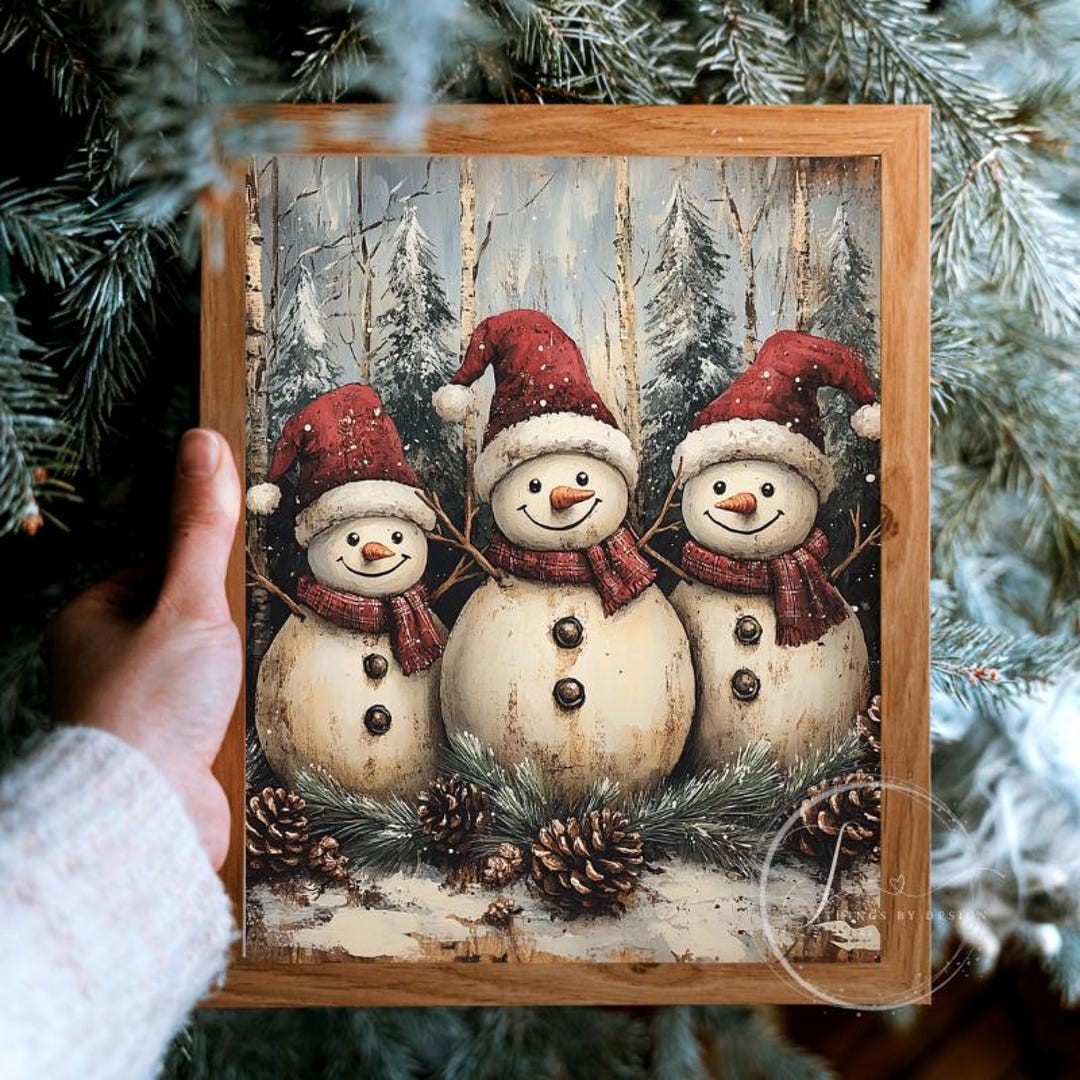 Vintage Christmas Snowmen Wall Art | Rustic Holiday Snowmen Home Decor ...