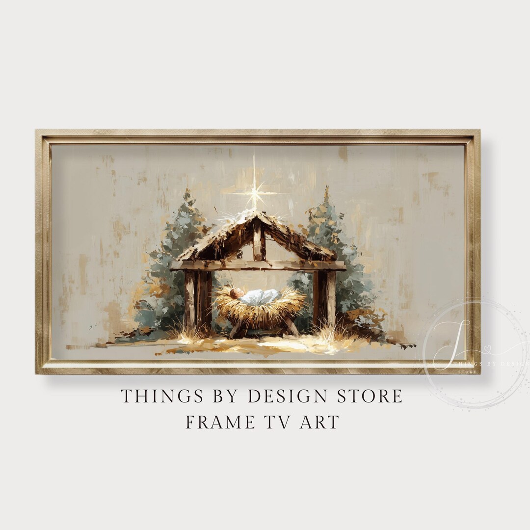 Rustic Nativity Manger Frame TV Art | Baby Jesus | Oil Painting Style ...