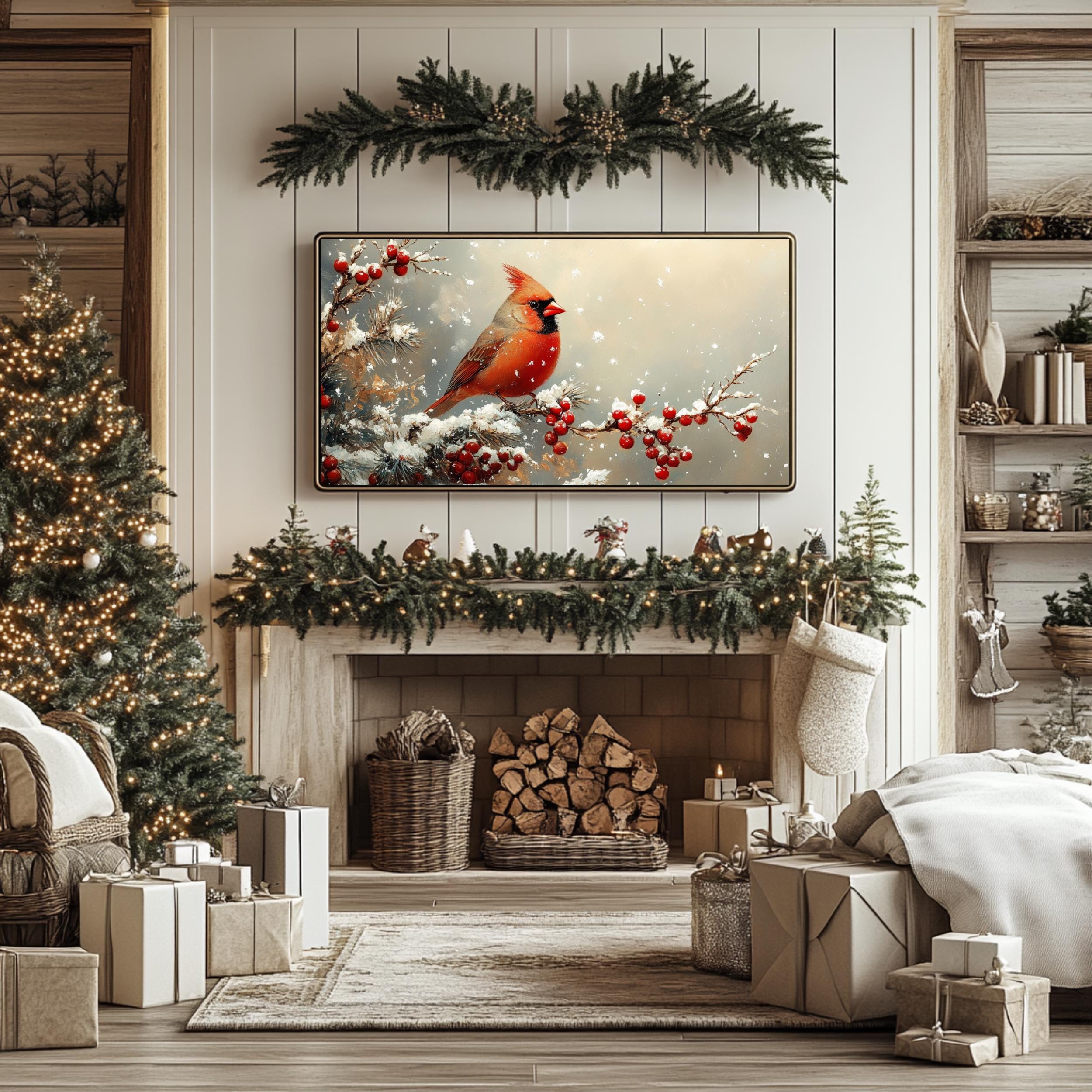 Rustic Winter Wonderland Cardinal Bird Christmas Frame TV Art | Snowy ...