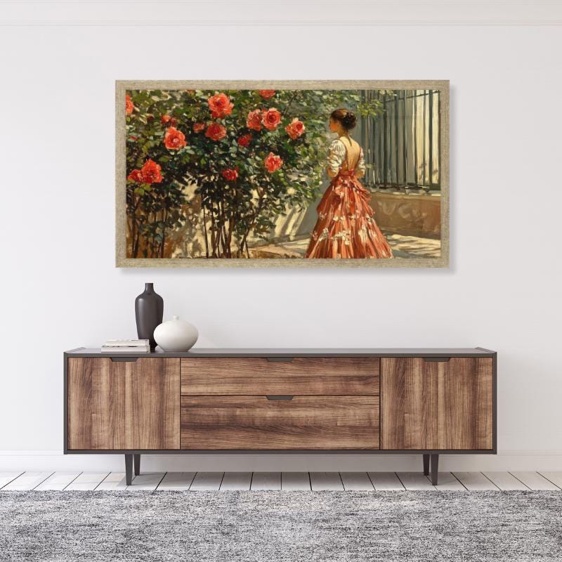 Vintage Garden Portrait Frame TV Art Woman With Red Roses TV Art ...