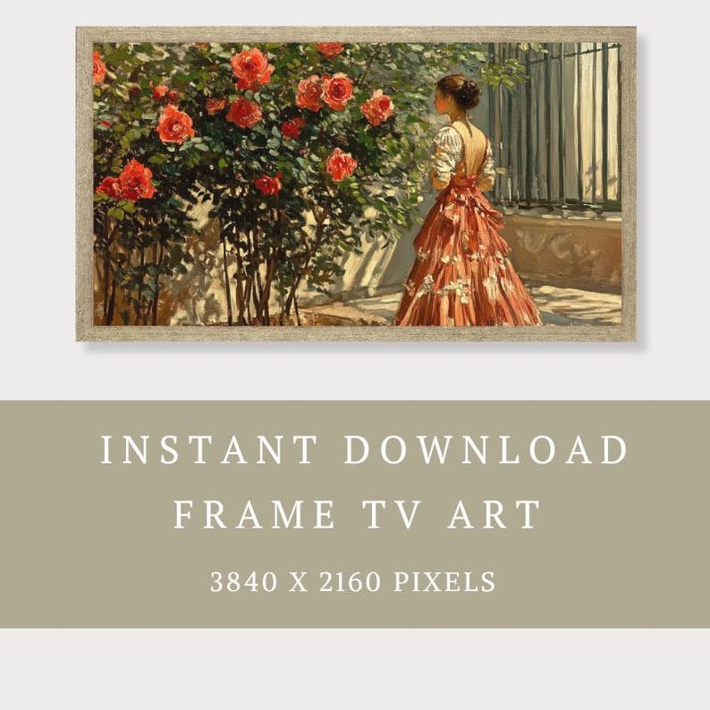 Vintage Garden Portrait Frame TV Art Woman With Red Roses TV Art ...