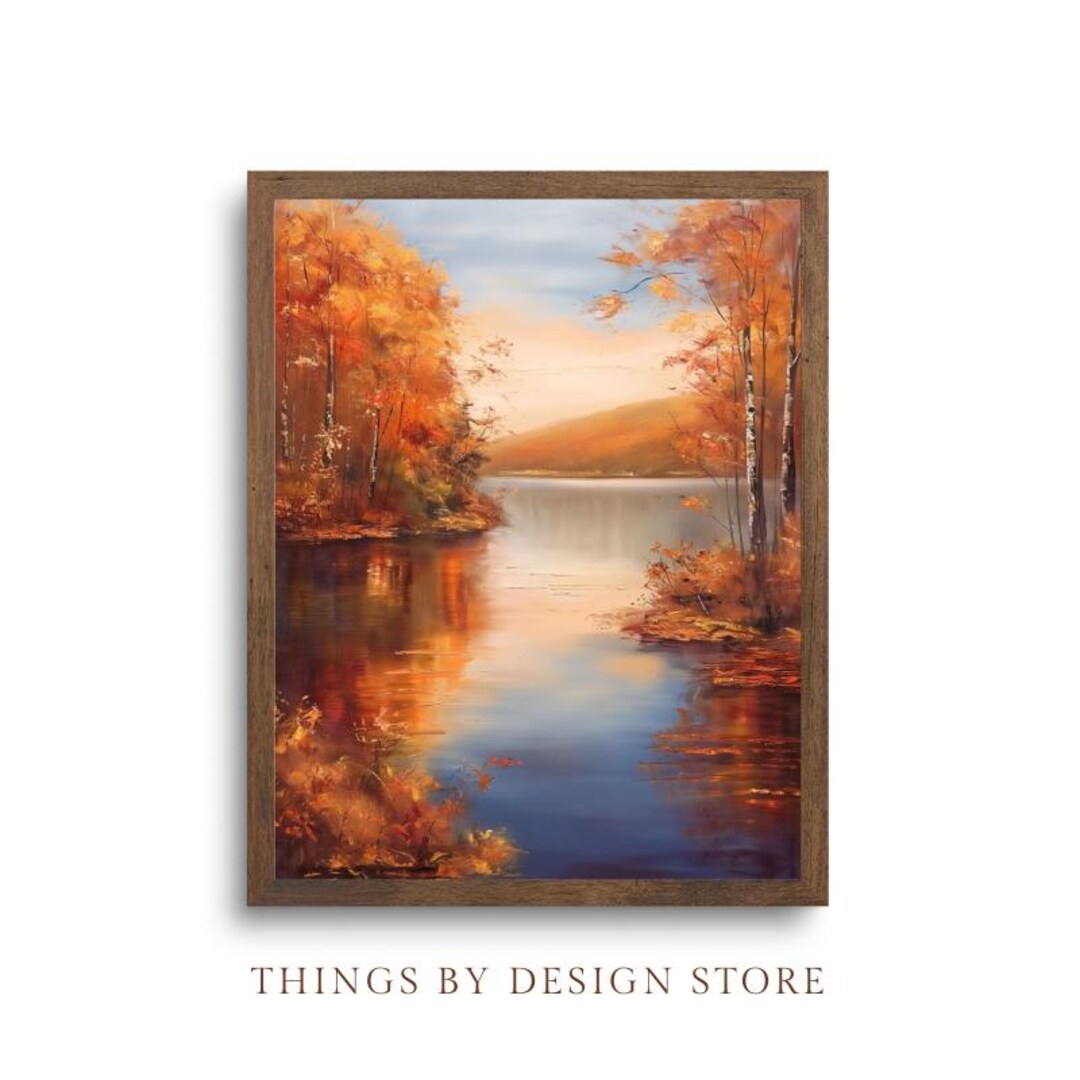 Vintage Fall Lake Landscape | Red Autumn Lake Scene Oil Painting Wall ...