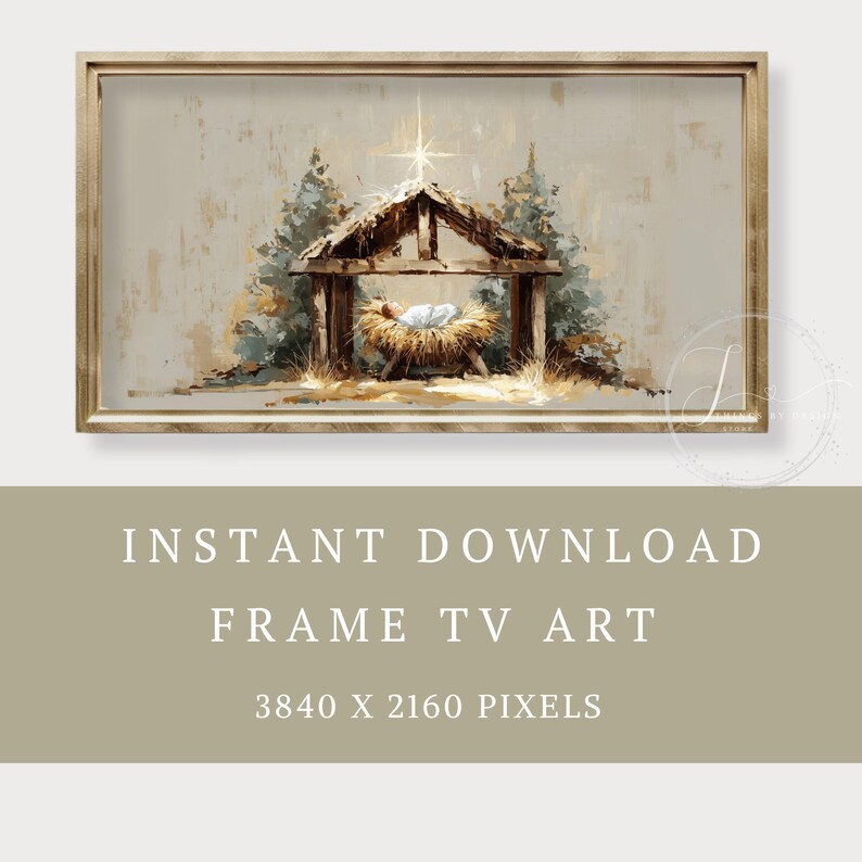 Rustic Nativity Manger Frame TV Art | Baby Jesus | Oil Painting Style ...