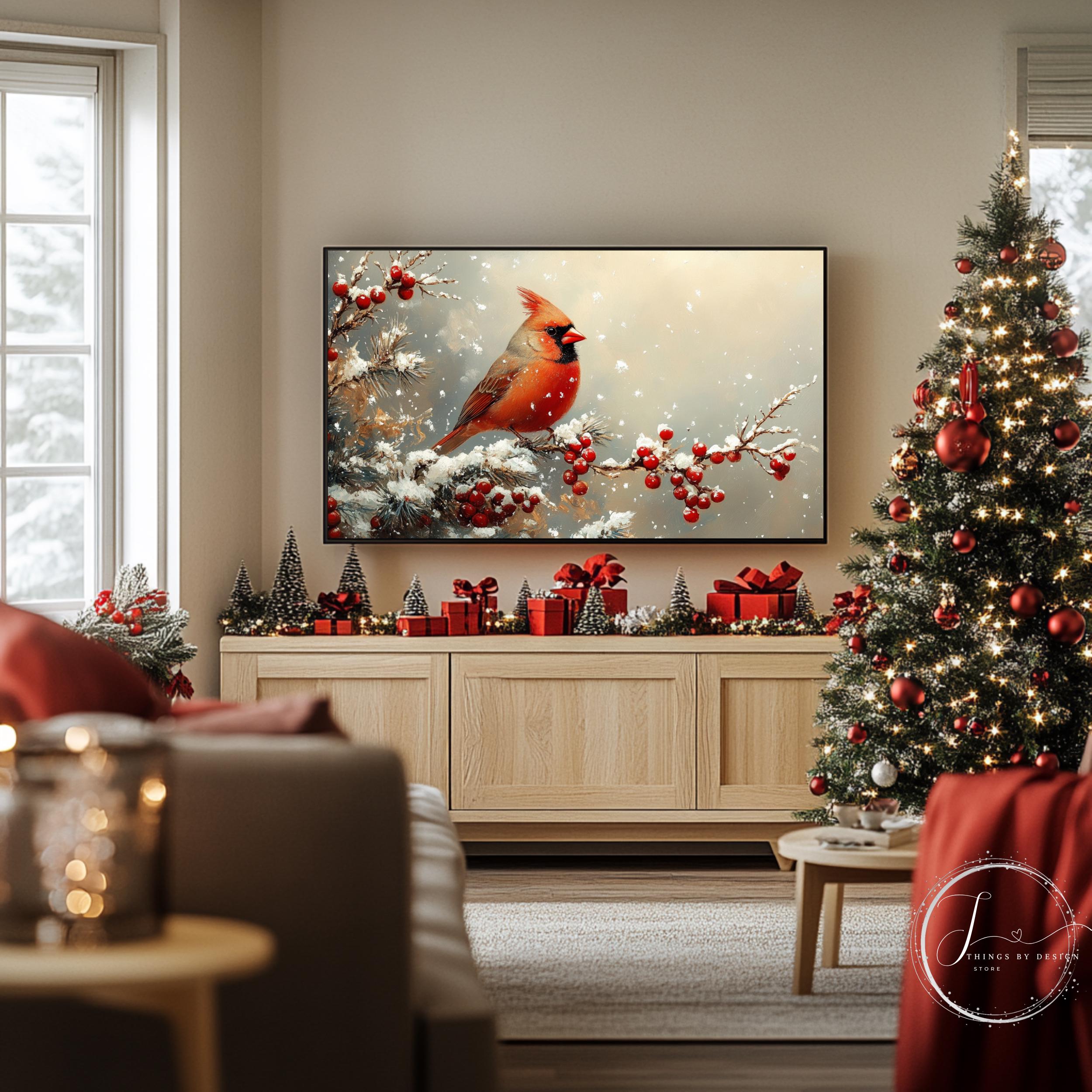 Rustic Winter Wonderland Cardinal Bird Christmas Frame TV Art | Snowy ...