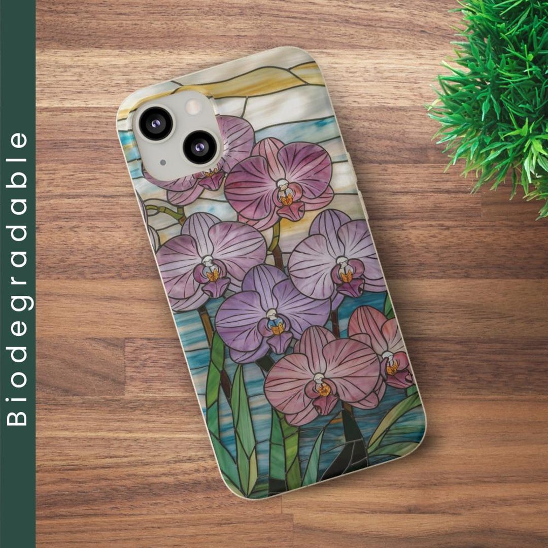 Orchid Stained Glass Look Biodegradable Phone Case, Floral Phone Case ...