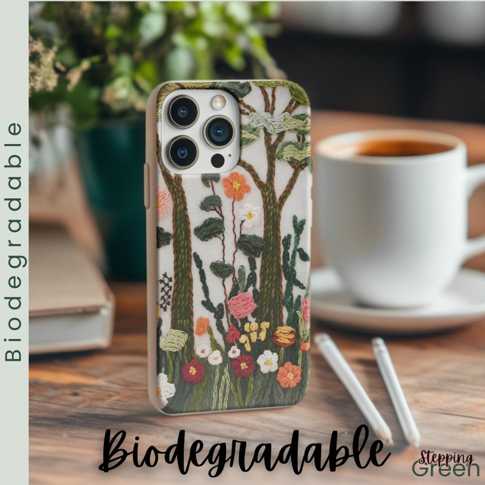 Wildflowers Biodegradable Phone Case With Embroidered Look, Stitched ...