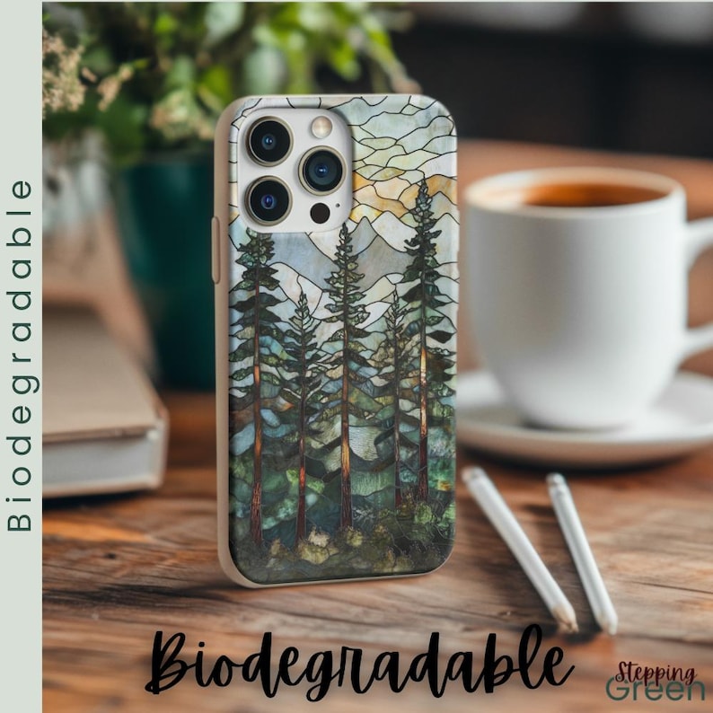 Mountain Biodegradable Phone Case, Stained Glass Look Forest Case ...