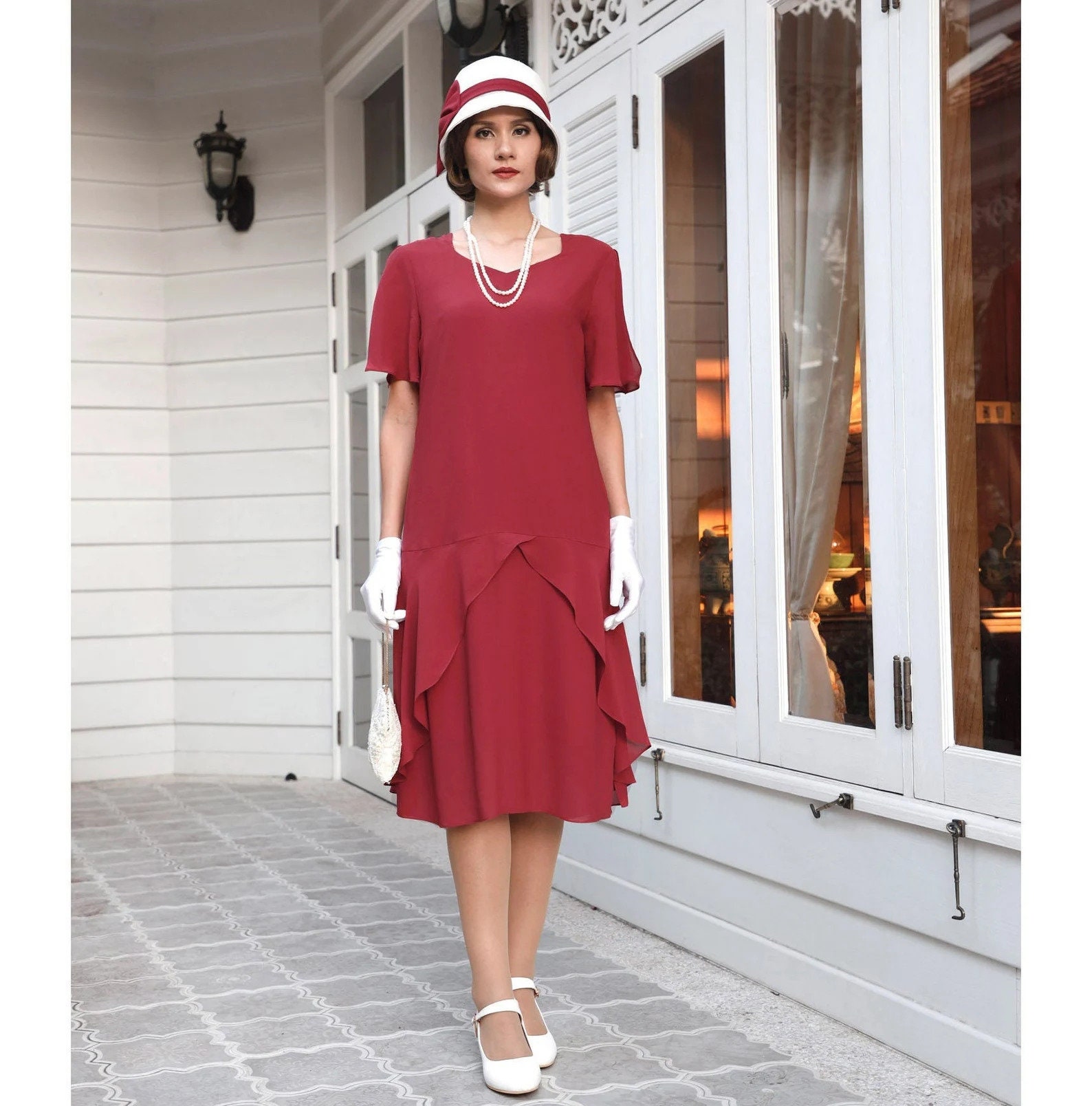 1920s Dress in Maroon Red With Sweetheart Neckline, Flapper Dress, Lady ...