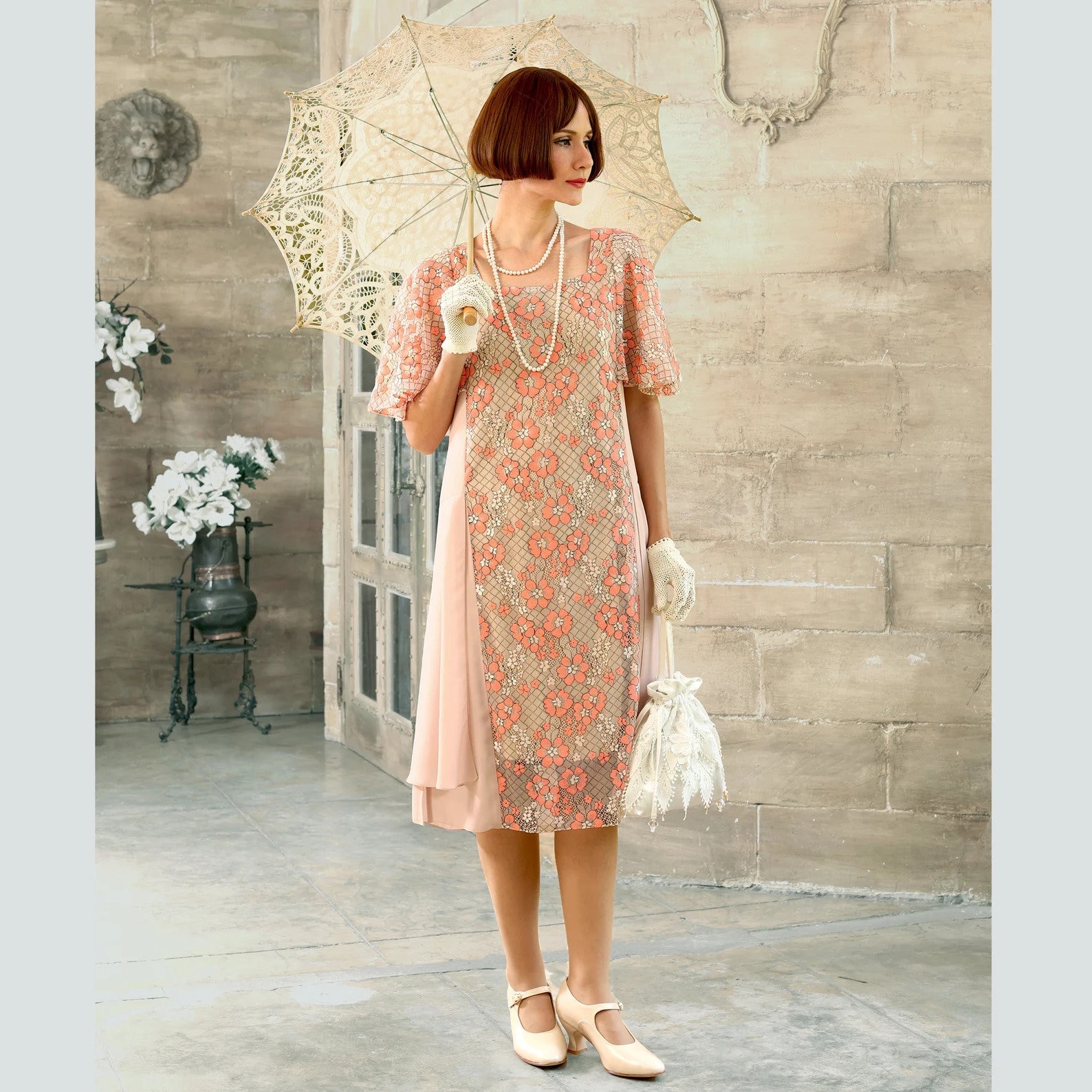 Nude and Floral Lace Summer Tea Dress, With Butterfly Sleeves, 1920s ...