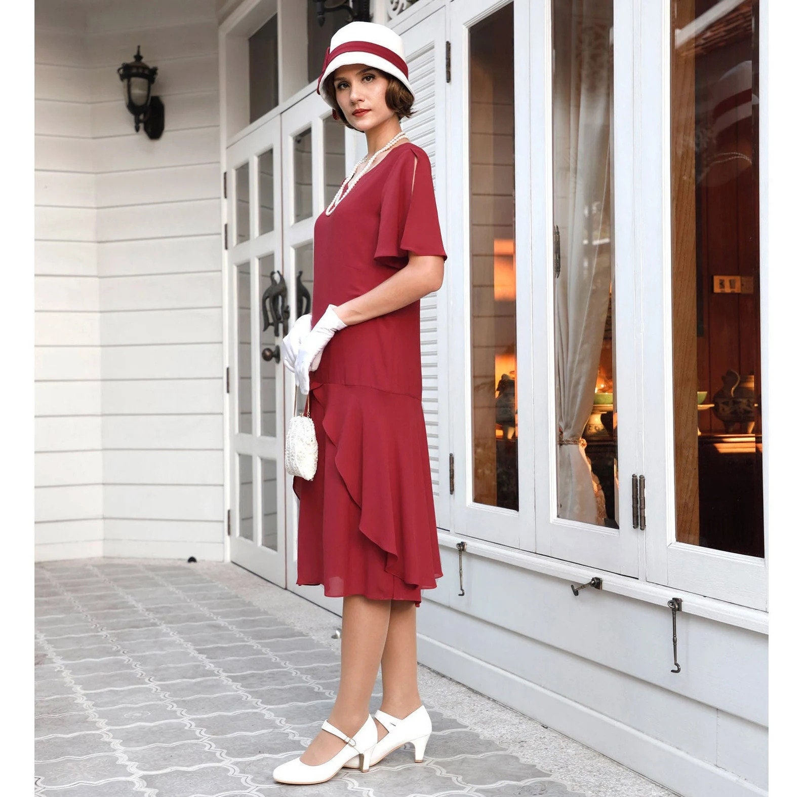 1920s Dress in Maroon Red With Sweetheart Neckline, Flapper Dress, Lady ...