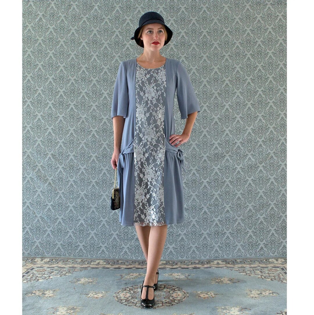1920s Dress, Grey and Silver Lace Great Gatsby Dress With Elbow Sleeves ...