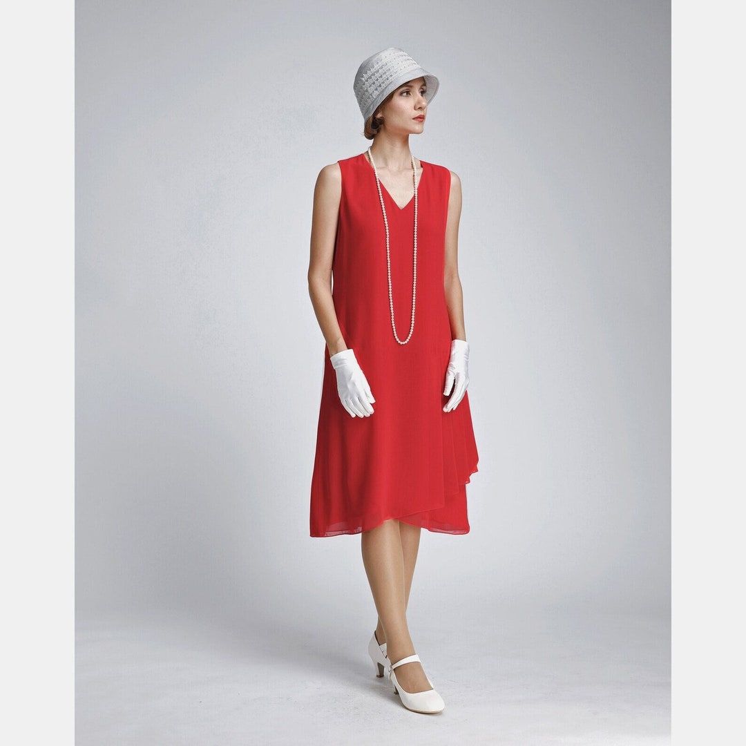 Red Chiffon Party Dress With Drape and Bow, 1920s Flapper Dress, 1920s ...