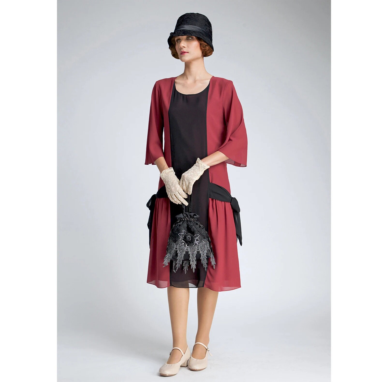 Great Gatsby Dress in Maroon Red and Black With Elbow Sleeves, 1920s ...