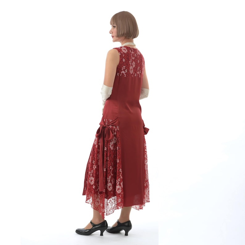 1920s Fashion for Women, Dark Red 1920s Satin Evening Dress, Lace ...