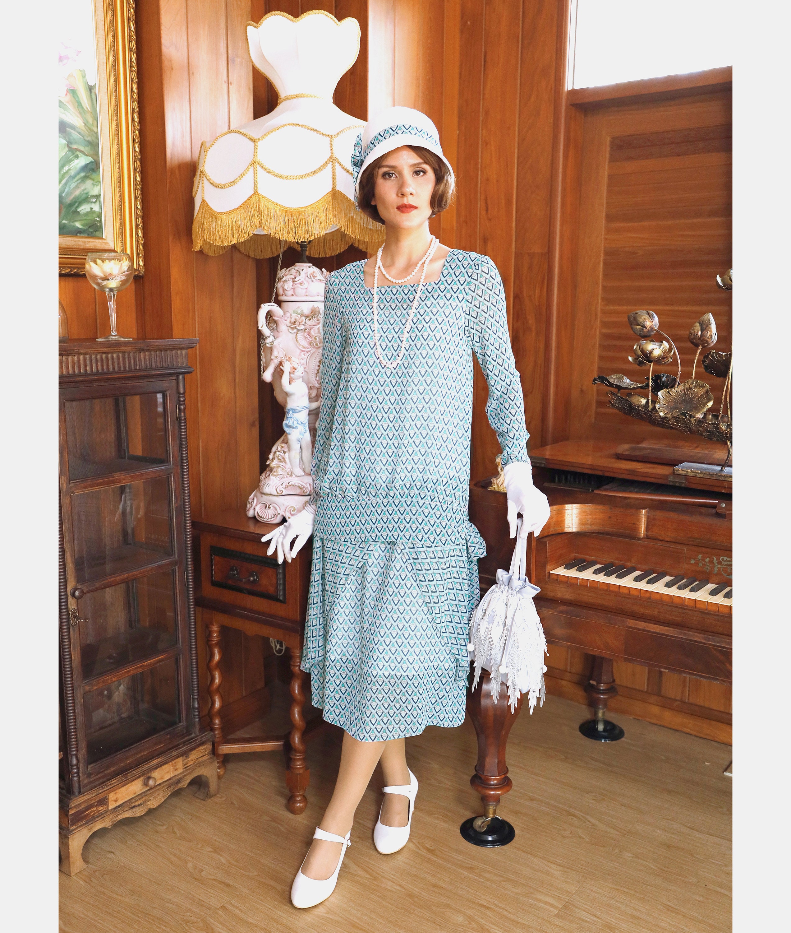1920s 2-piece Dress in Printed Light Blue Chiffon, Great Gatsby Party ...