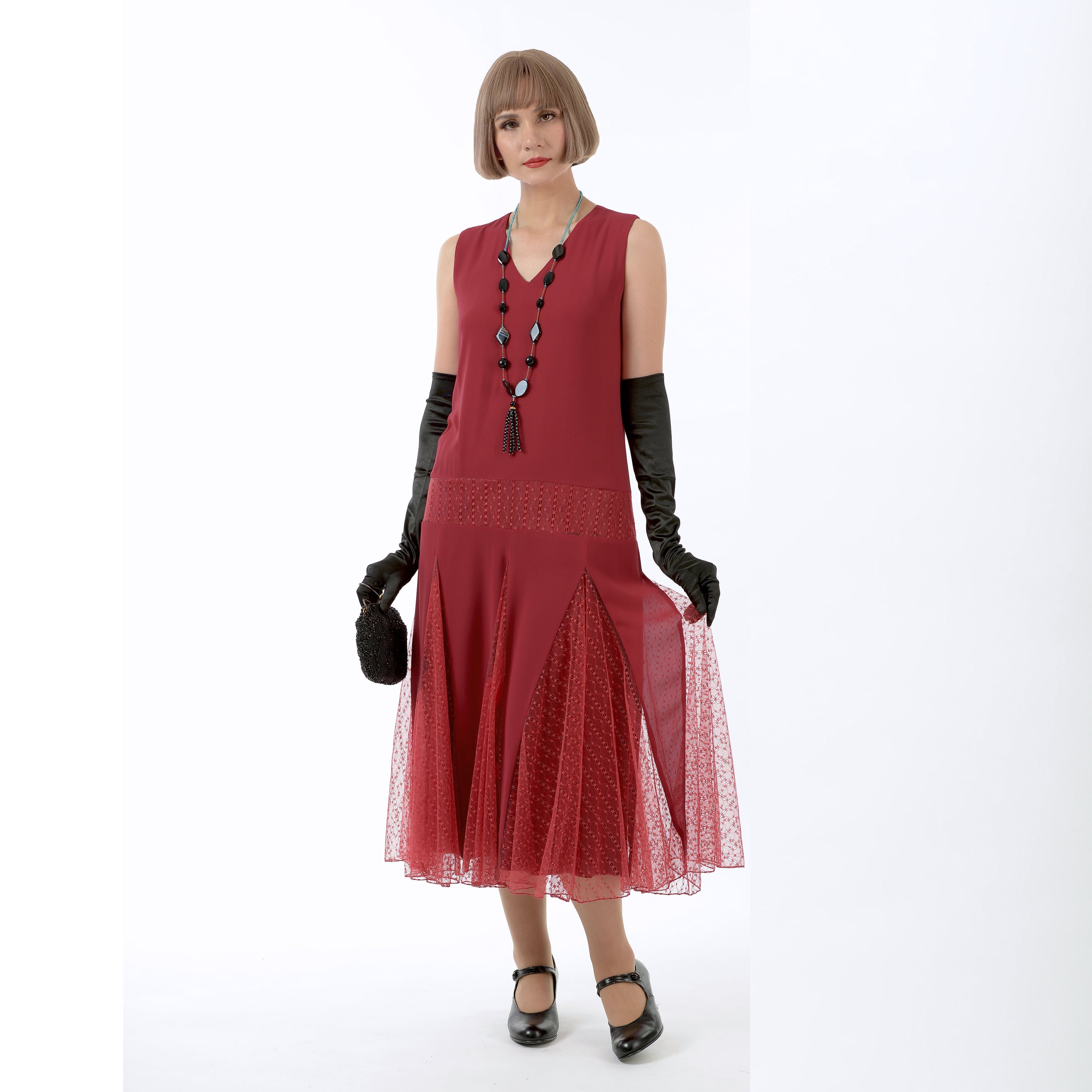 Roaring 20s Evening Dress in Maroon Red Chiffon and Red Tulle Lace ...