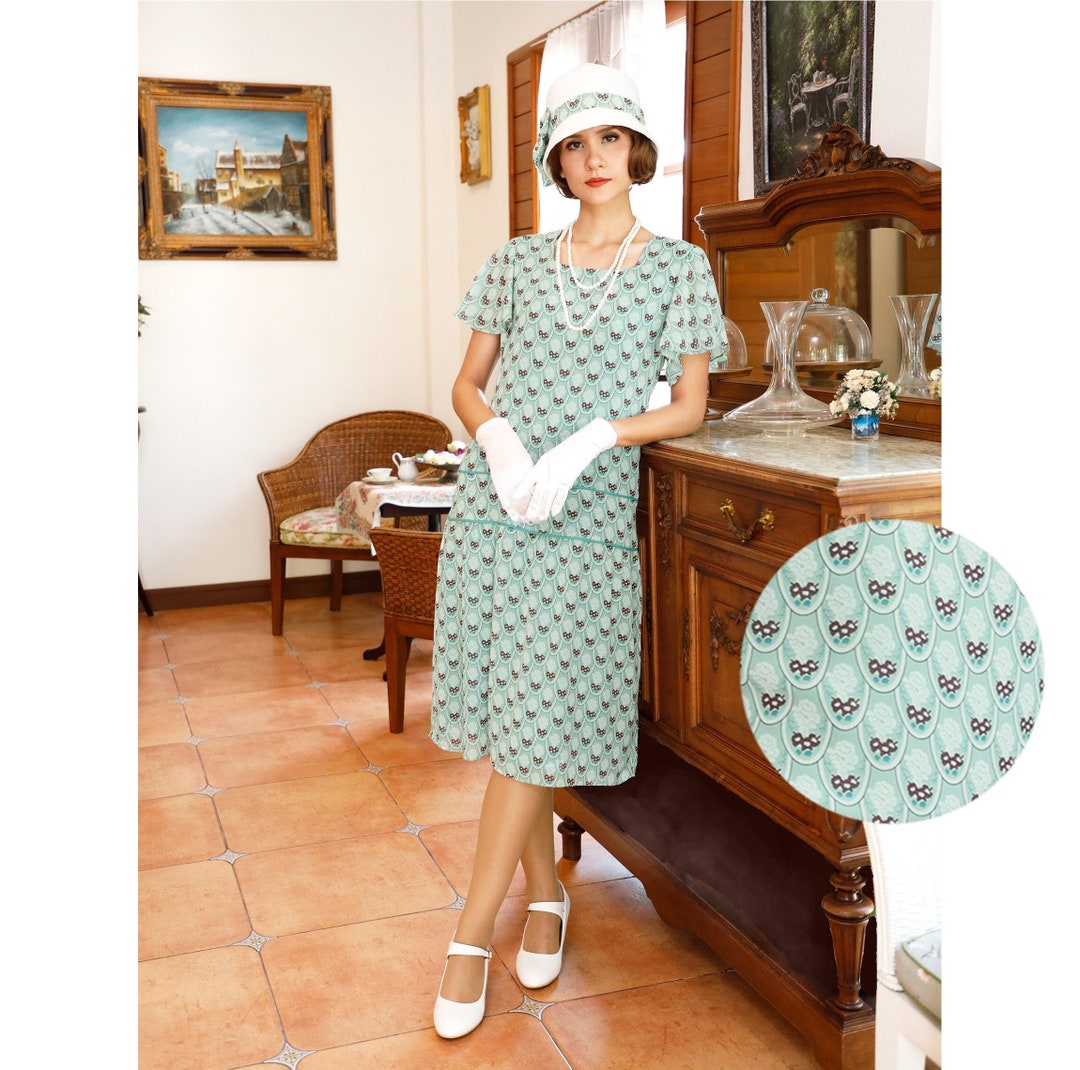1920s Great Gatsby Dress Light Green, Art Deco Print, Flutter Sleeve ...
