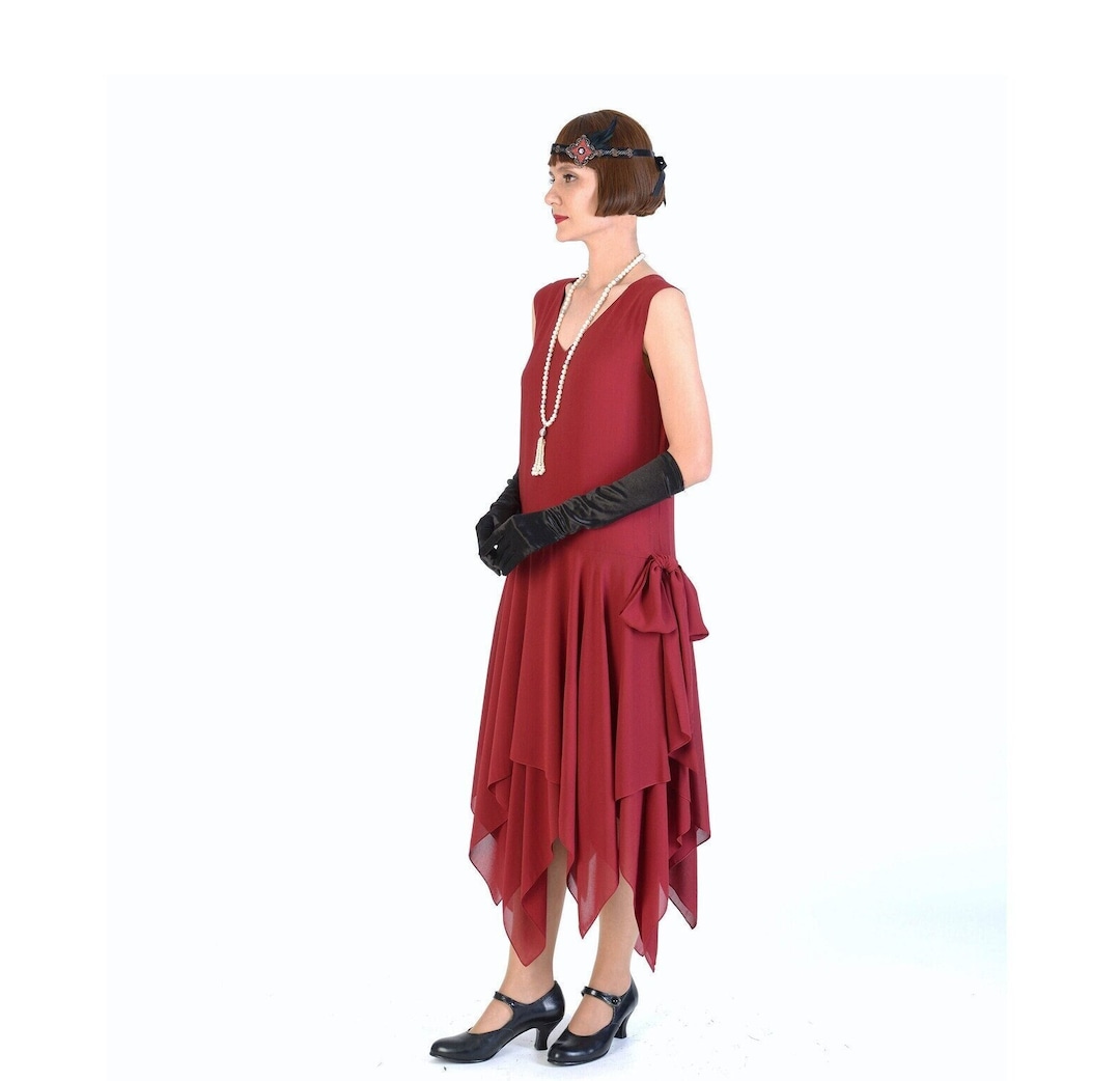 1920s Evening Dress, Maroon Red Chiffon Dress With Handkerchief Hem ...