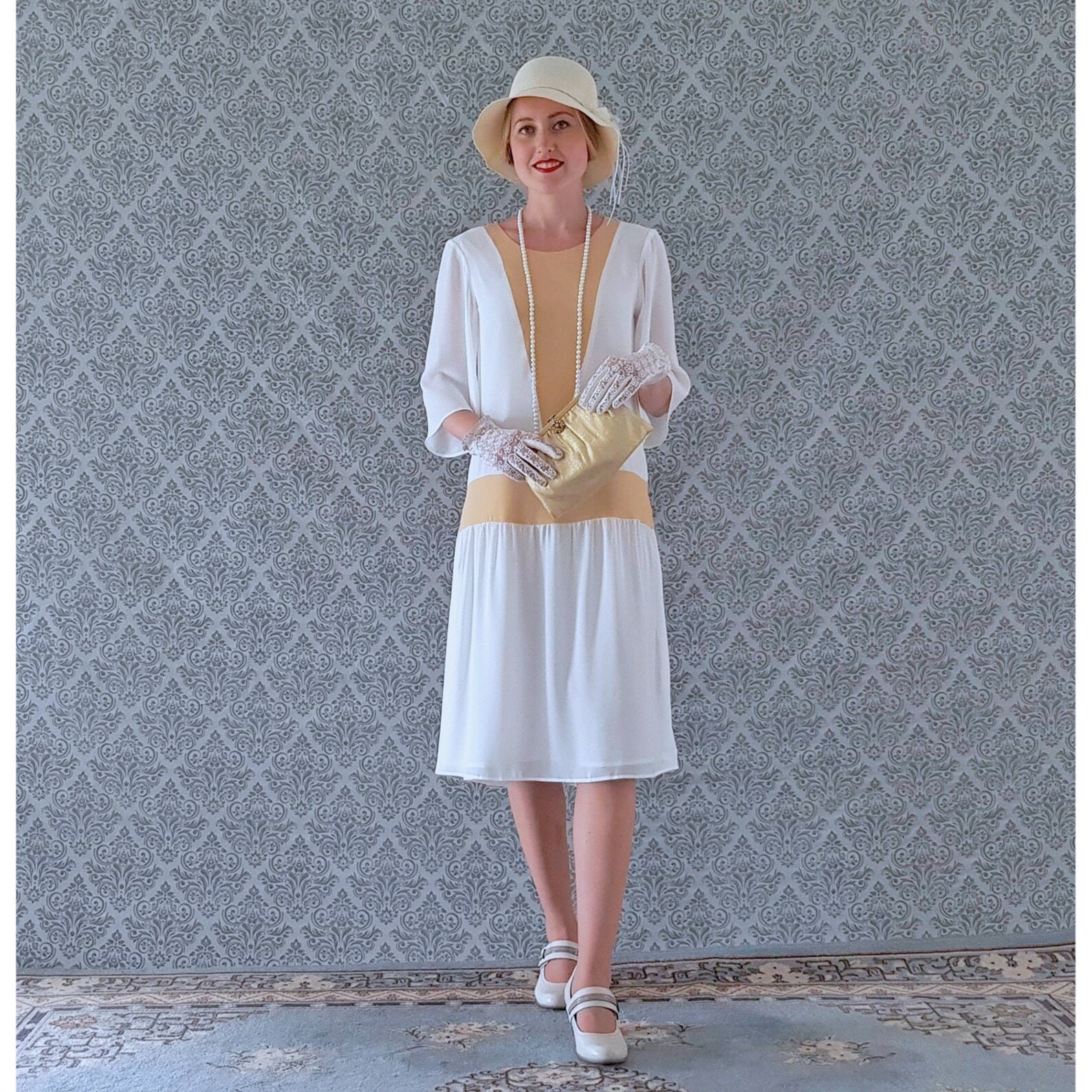 Off-white and Pale Marigold 1920s Great Gatsby Chiffon Dress With Elbow ...