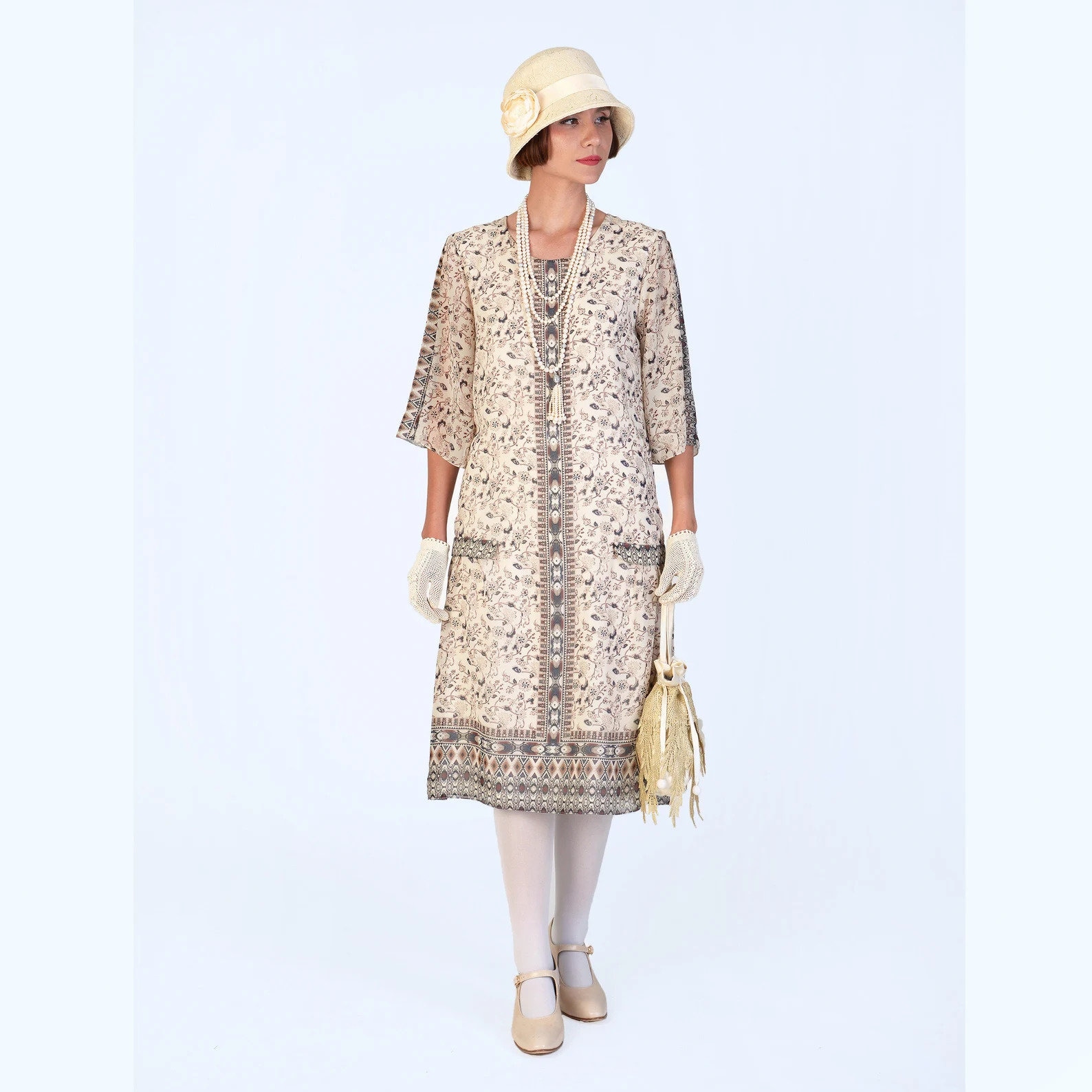 1920s High Tea Dress in Printed Cream Chiffon With Elbow Sleeves, Great ...