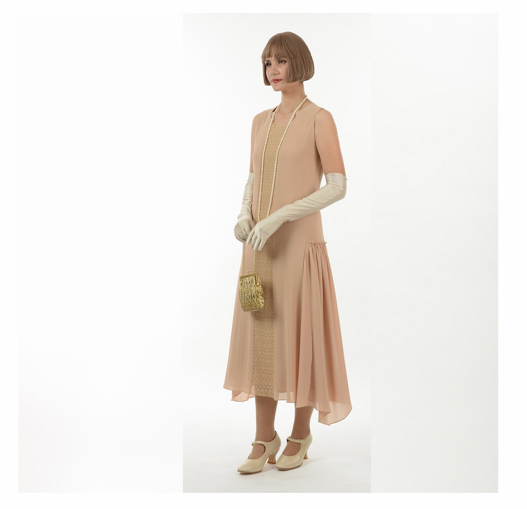 Light Brown Great Gatsby Formal Evening Dress With Lace Inset, 1920s ...